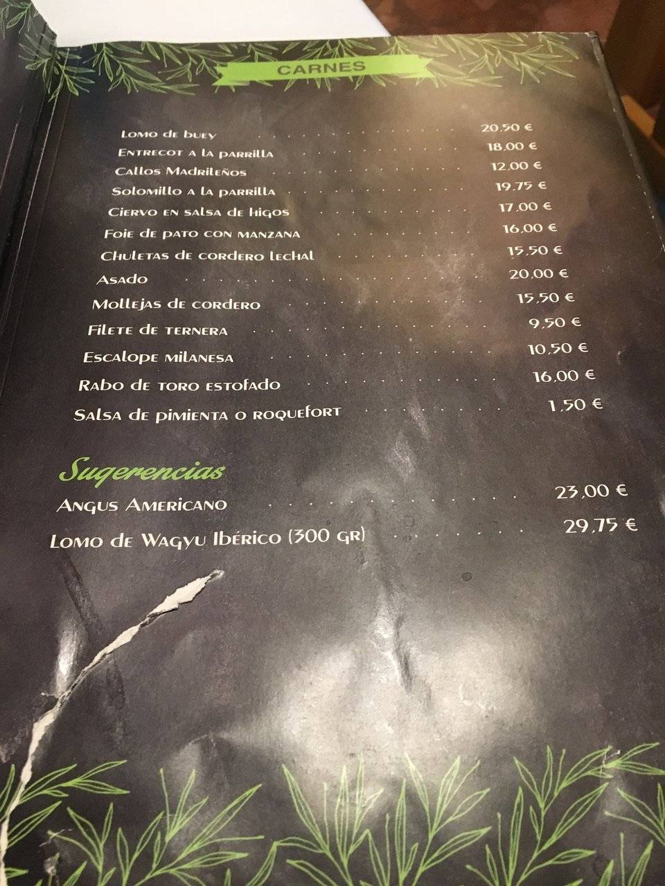 Carta de Restaurante El Rincón de Rafa, Torrejón de Ardoz