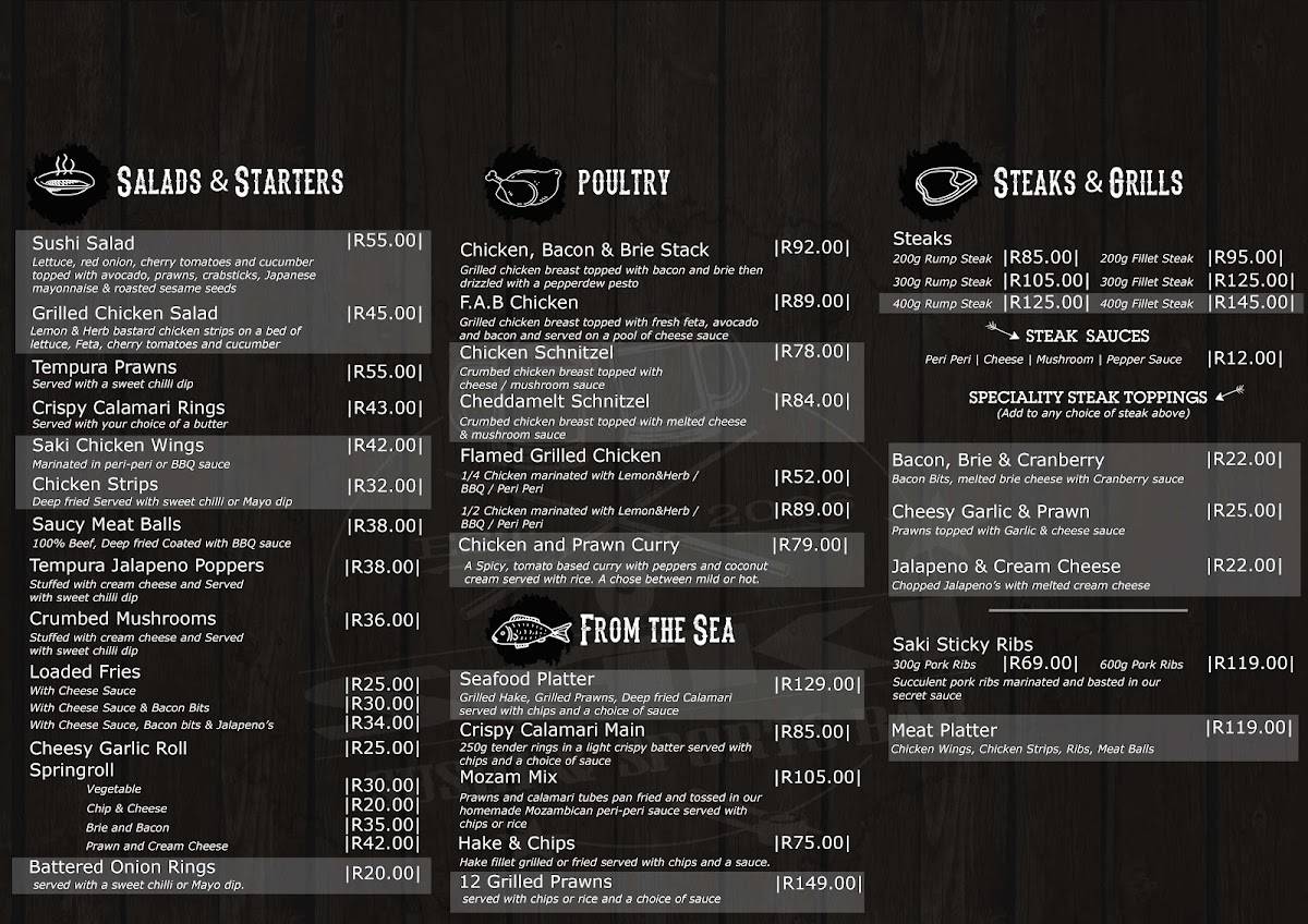 Menu at Saki pub & bar, Pietermaritzburg