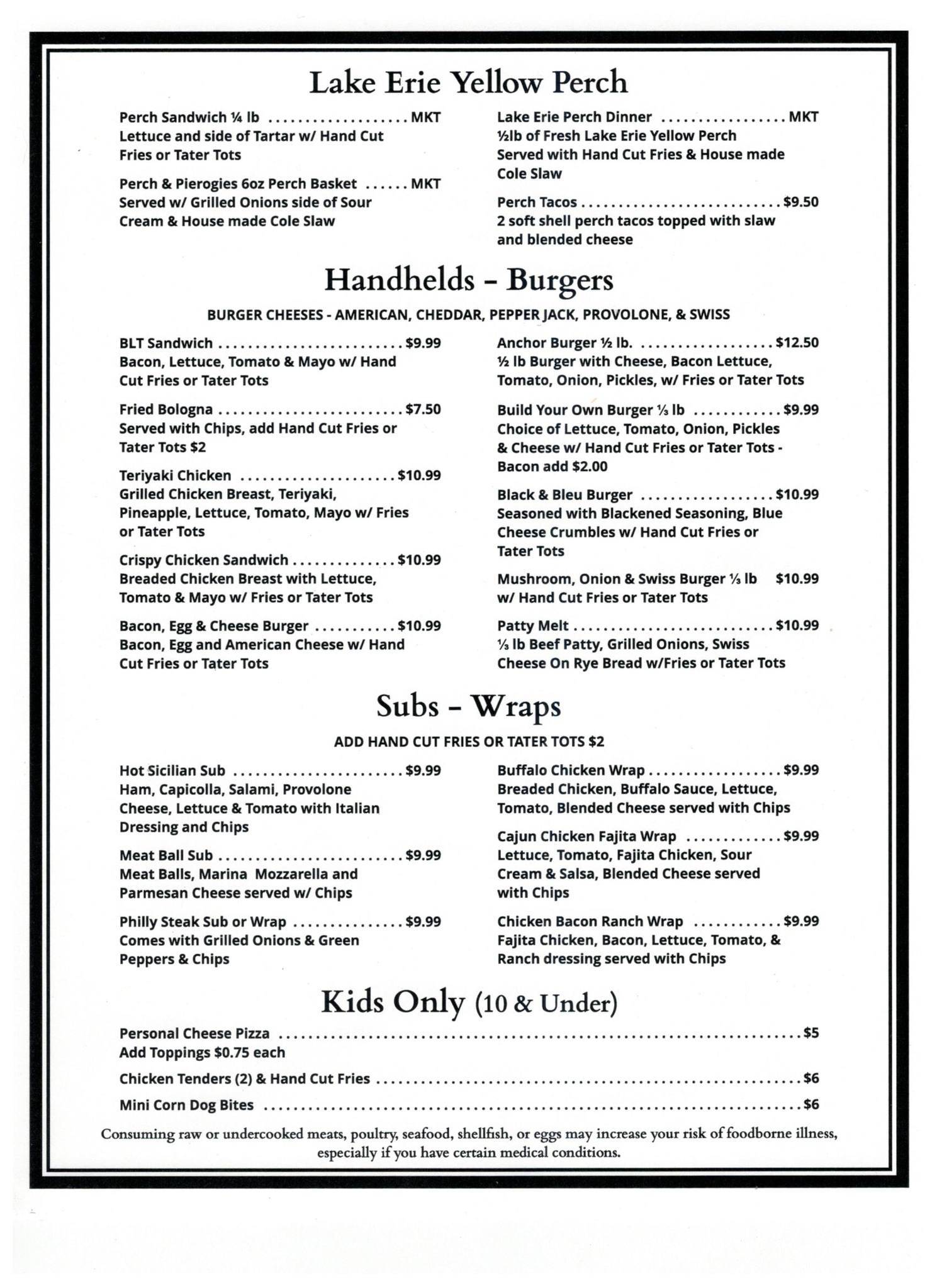 Menu at Sand Bar, Huron