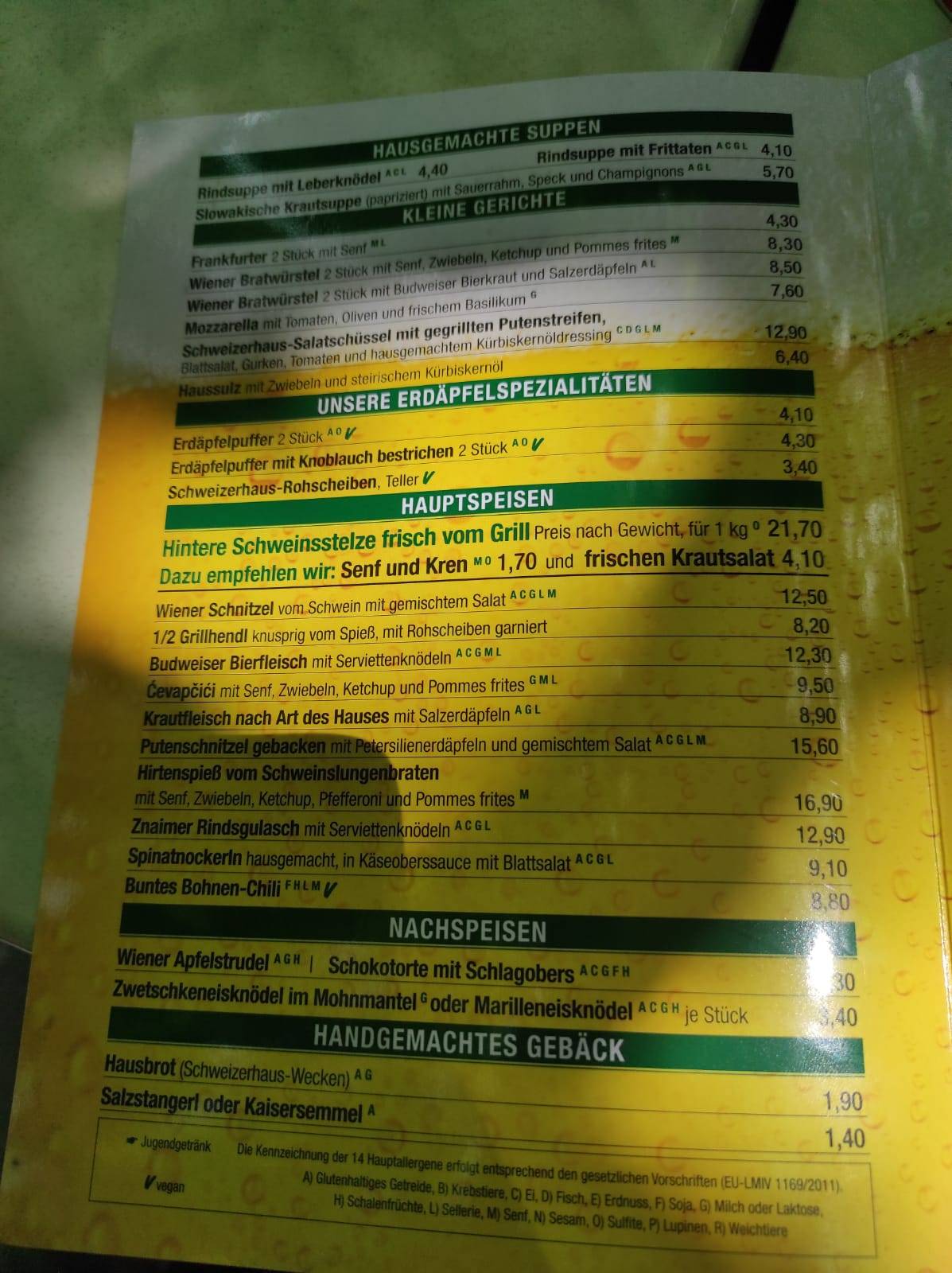 Speisekarte von Schweizerhaus pub & Bar, Wien