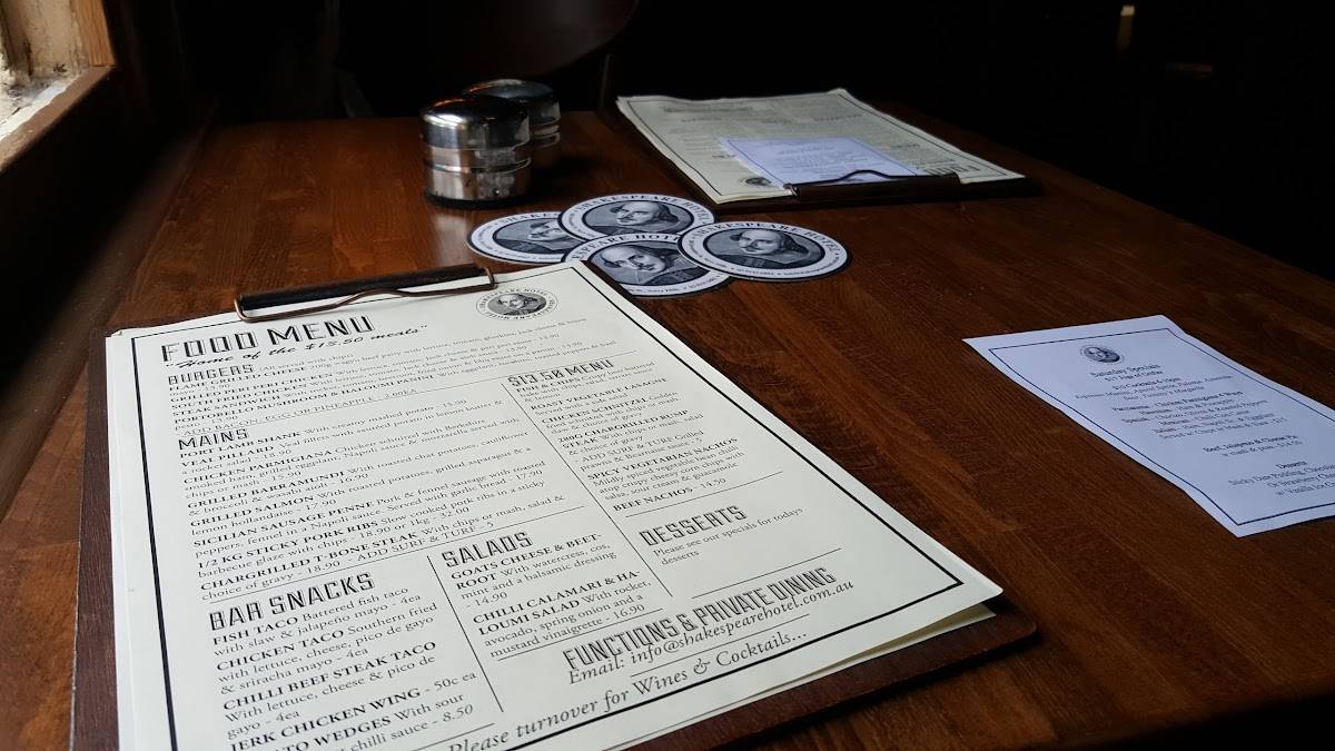 Menu at Shakespeare Hotel pub & bar, Surry Hills
