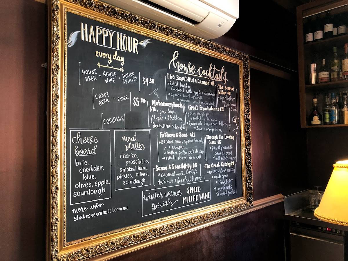 Menu at Shakespeare Hotel pub & bar, Sydney