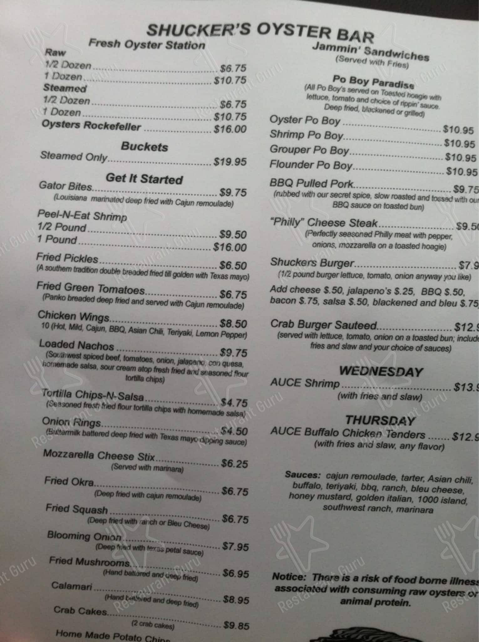 Menu at Shucker's Oyster Bar & Grill, Jacksonville, Wade's Pl