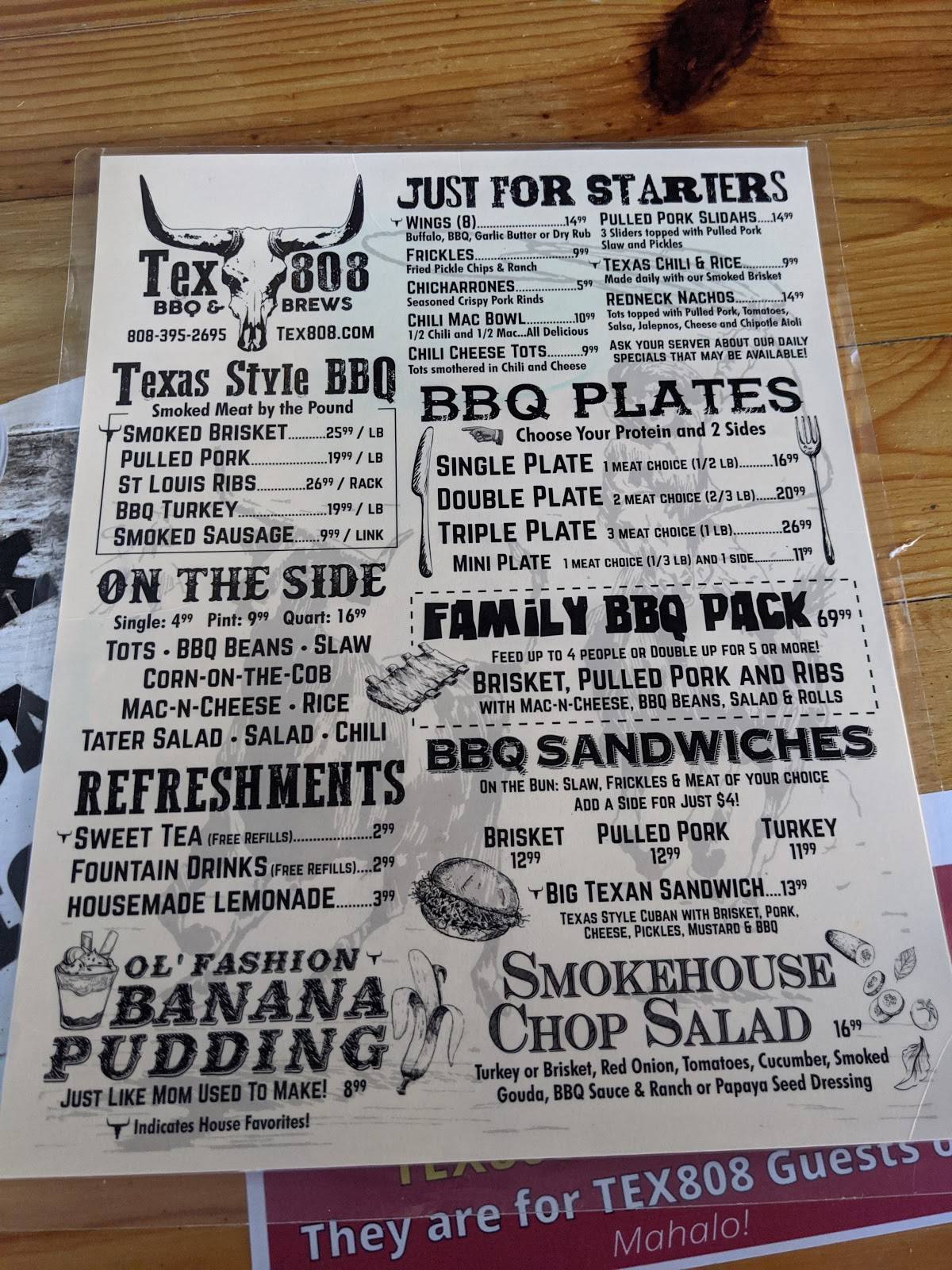 Menu at TEX 808 BBQ + Brews Hawaii Kai, Honolulu, 377 Keahole St Ste C1-A