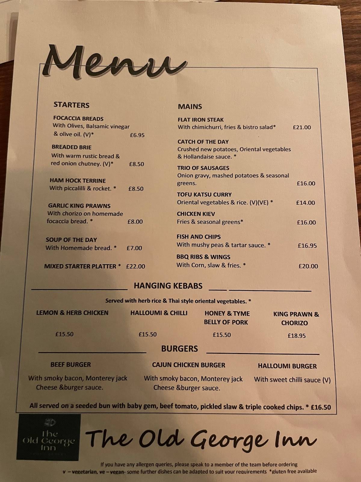 Menu at The Old George Inn pub & bar, Cirencester