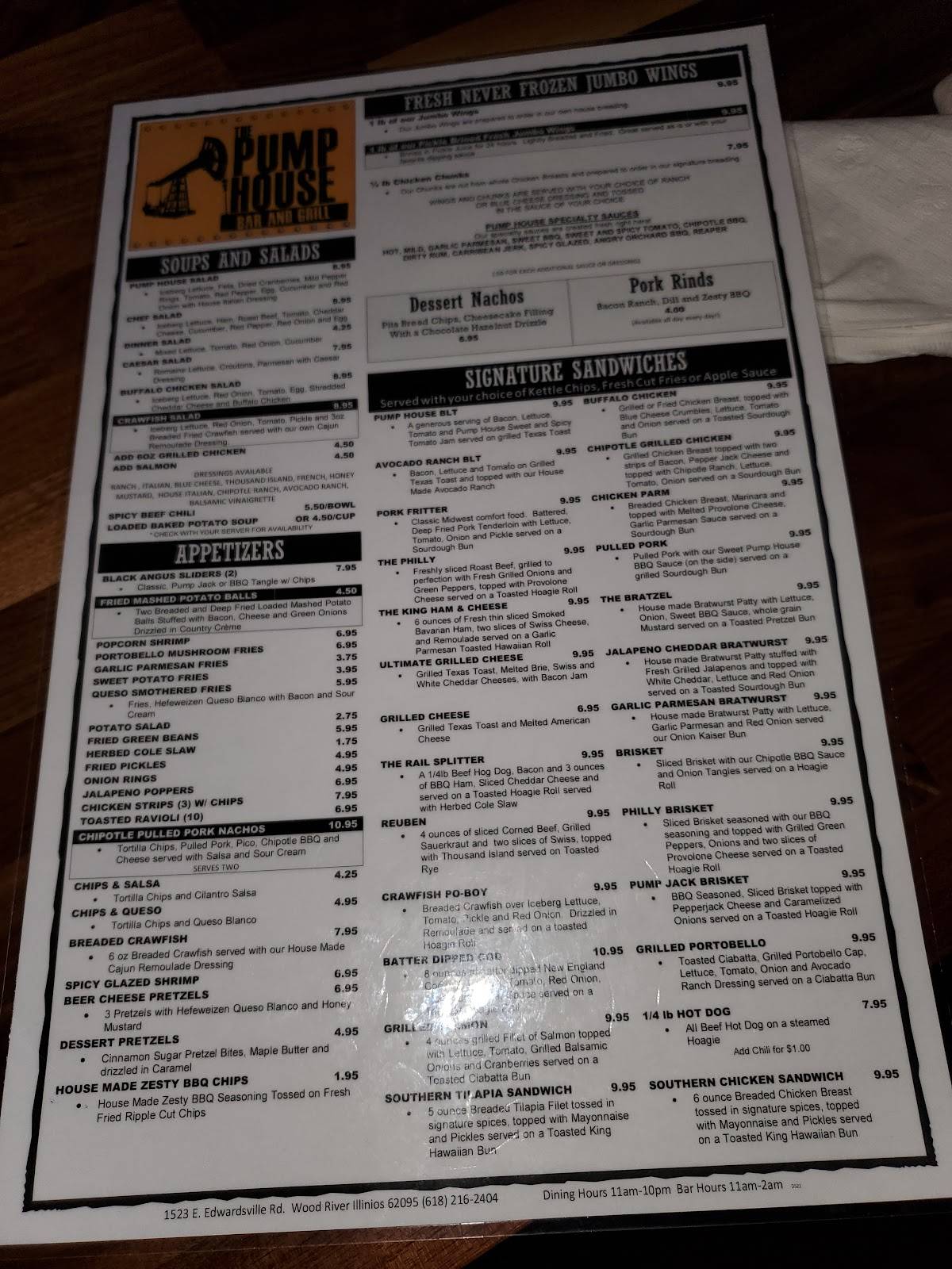 Menu at The Pump House Bar & Grill, Wood River