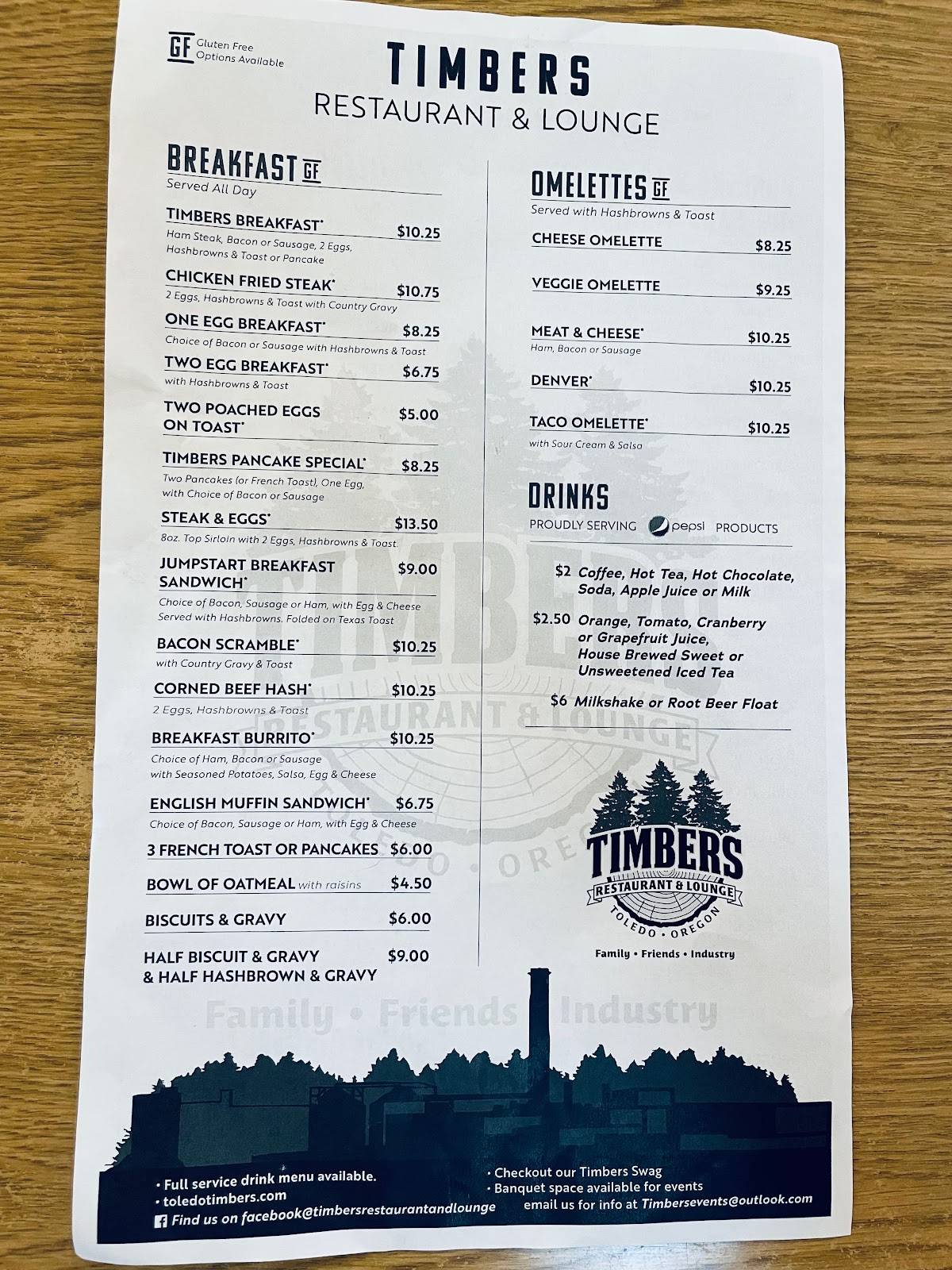 Menu at Timbers Restaurant & Lounge, Toledo