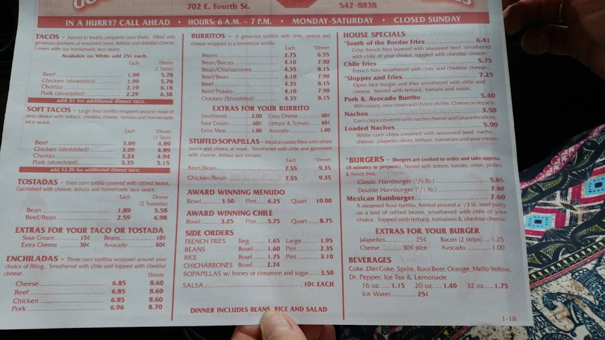 Menu at Taco Stop restaurant, Pueblo, 702 E 4th St