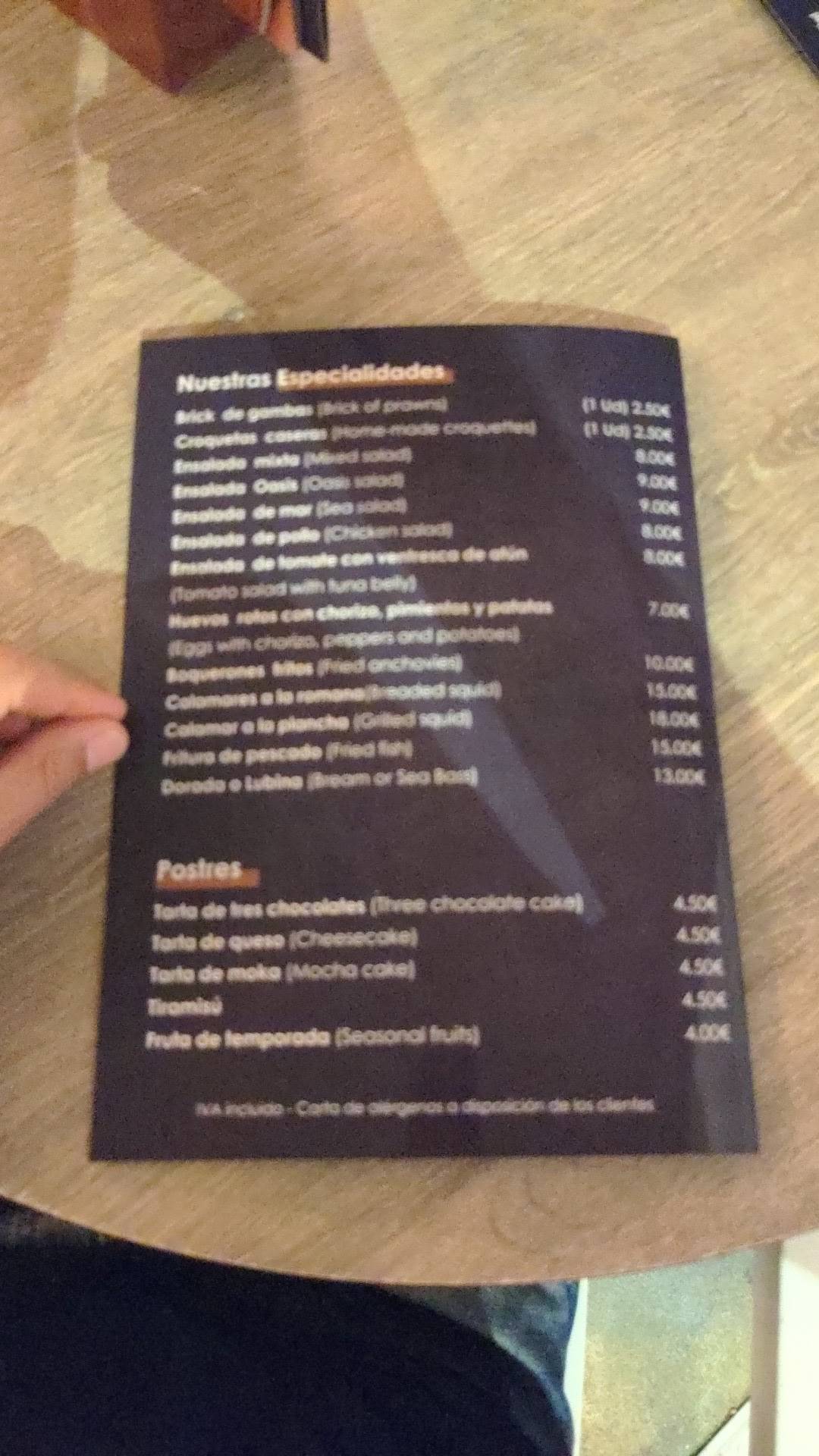 Menu at RESTAURANTE/BAR OASIS DE LAS PALMERAS, Bolnuevo