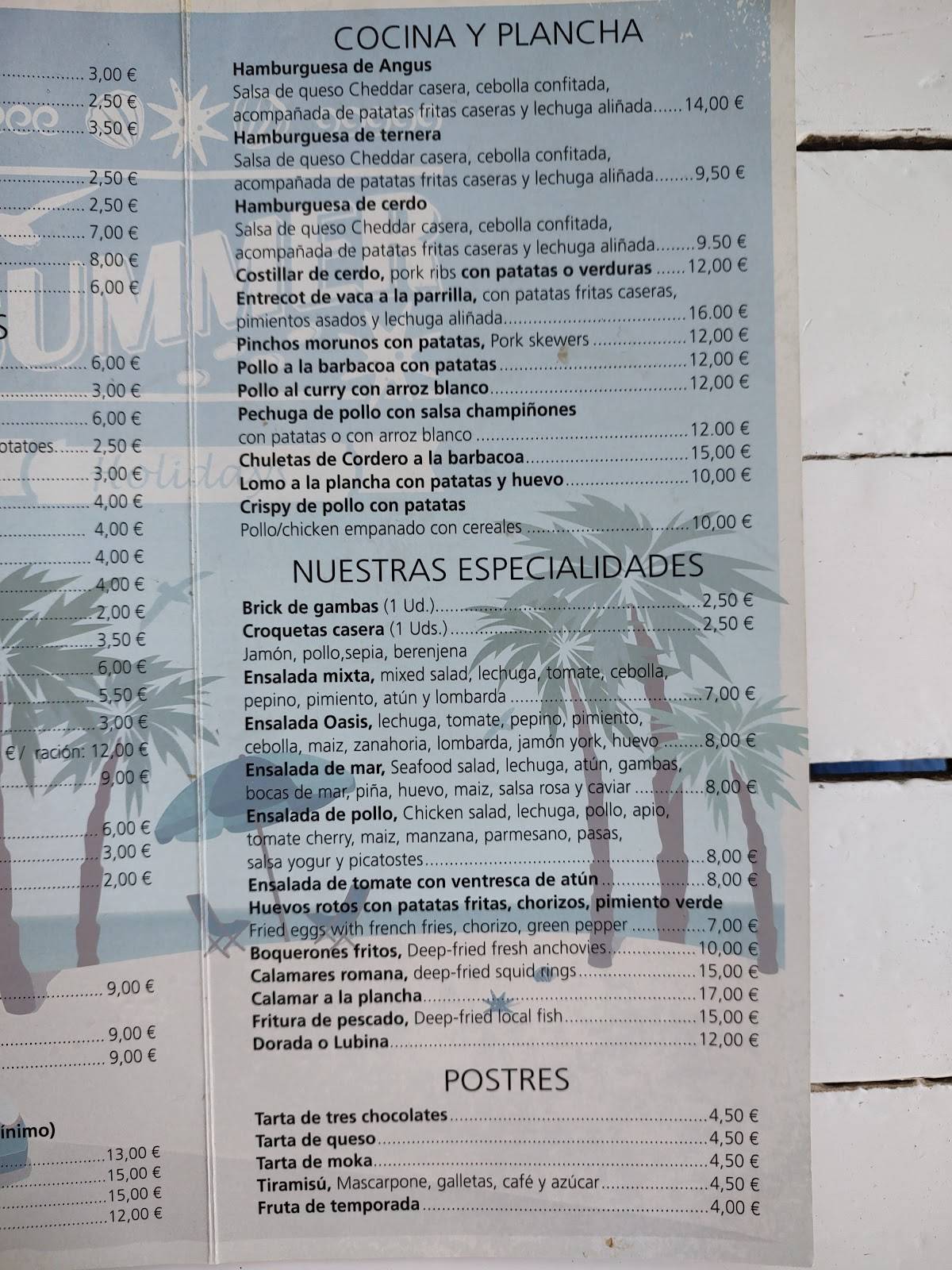 Menu at RESTAURANTE/BAR OASIS DE LAS PALMERAS, Bolnuevo