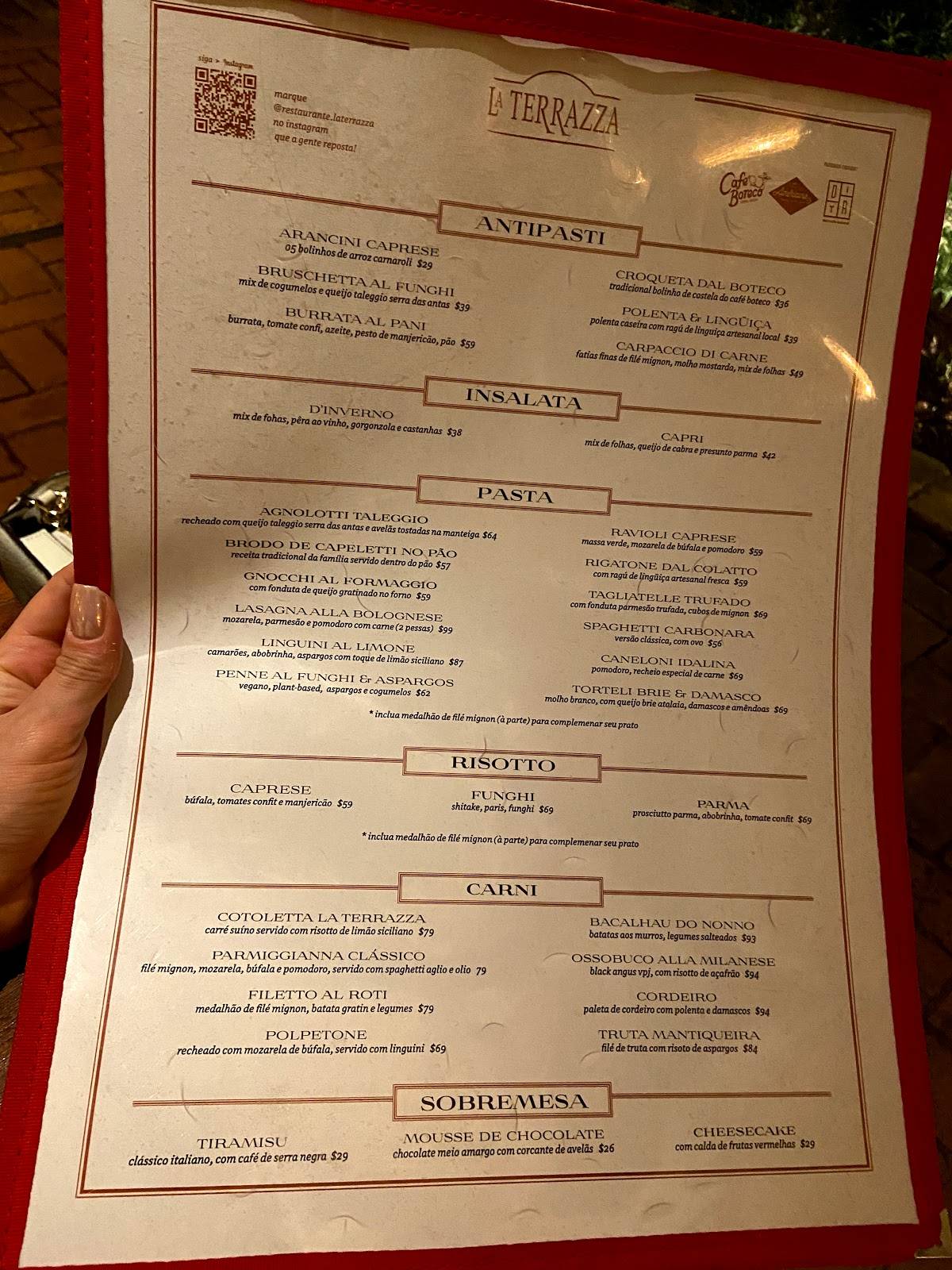 Menu em La Terrazza restaurante, Serra Negra