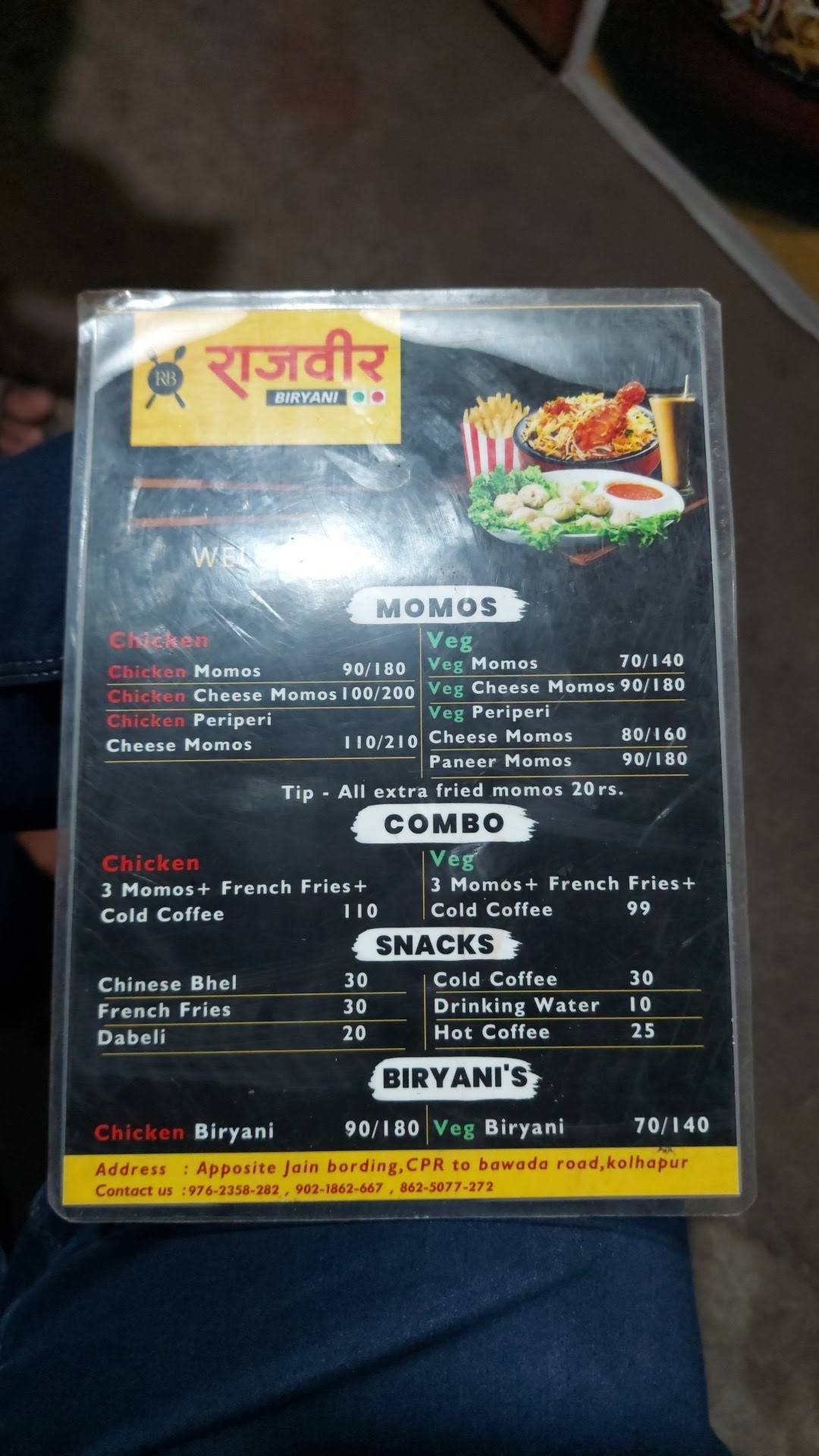 Menu at Rajveer biryani outlet and momos, Kolhapur