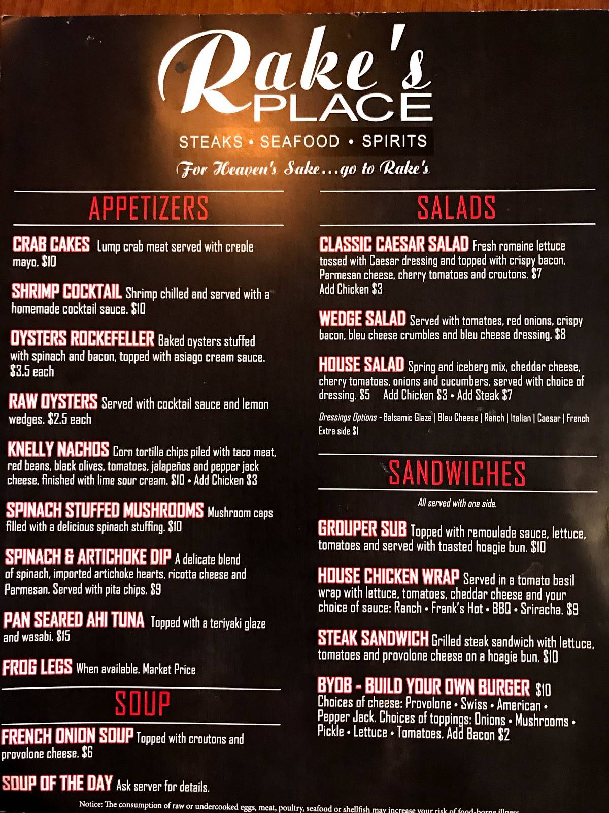 Menu at Rake's Place steakhouse, Zanesville