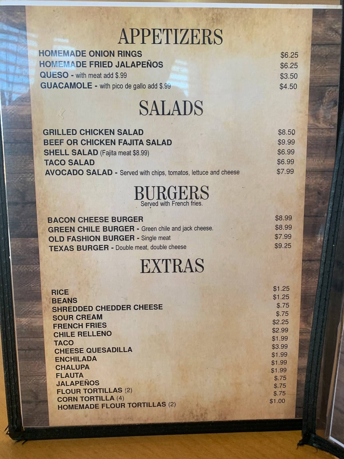 Menu at Ranchero's restaurant, Denver City