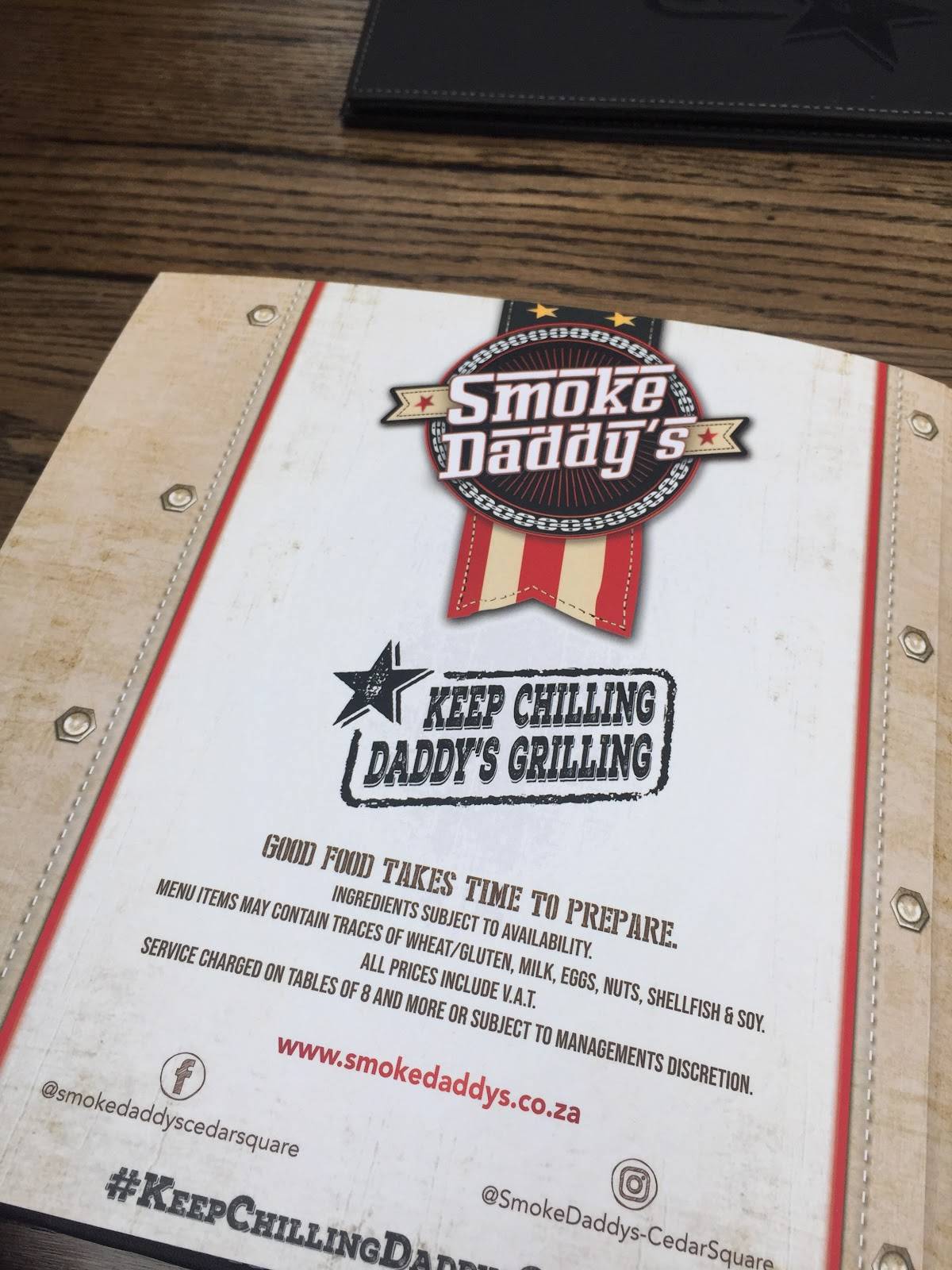 Menu at Smoke Daddy's restaurant, Sandton, Cedar Square Shopping Centre