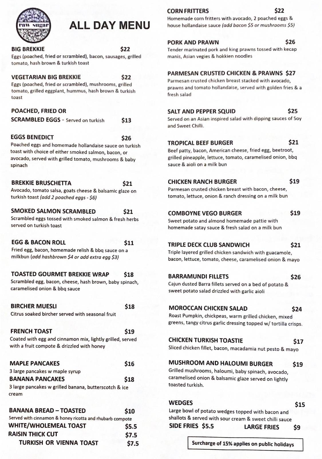 Menu at Raw Sugar Cafe, Taree