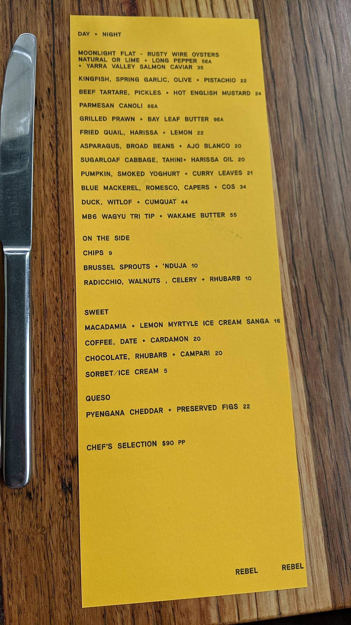 Menu at Rebel Rebel restaurant, Canberra