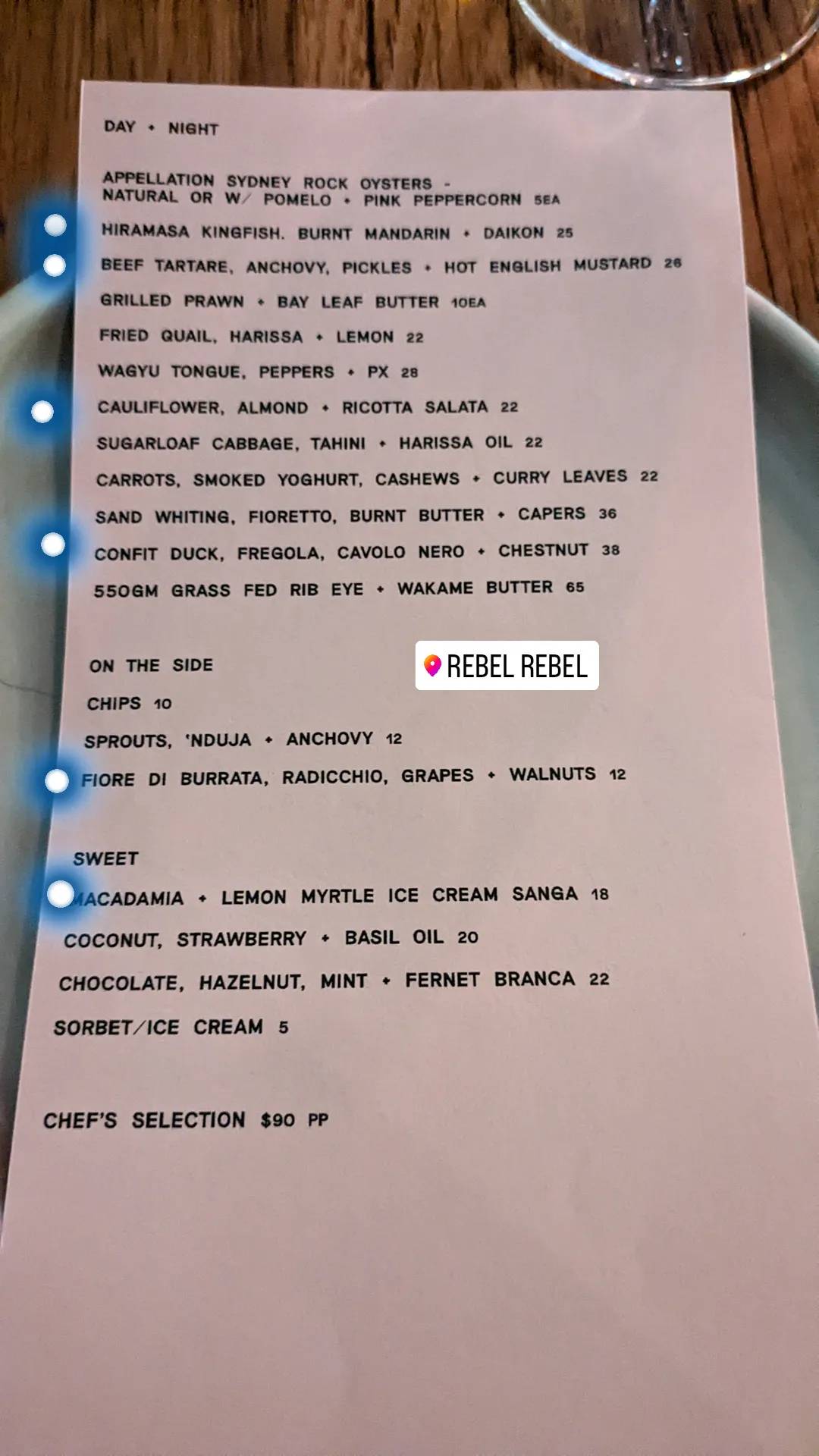 Menu at Rebel Rebel restaurant, Canberra