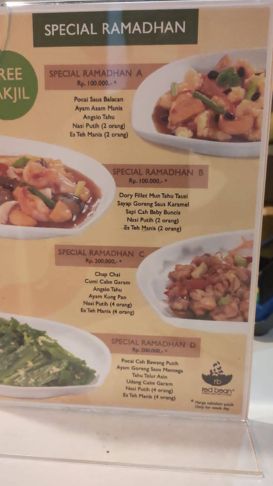 Menu at Red Bean restaurant, Pontianak