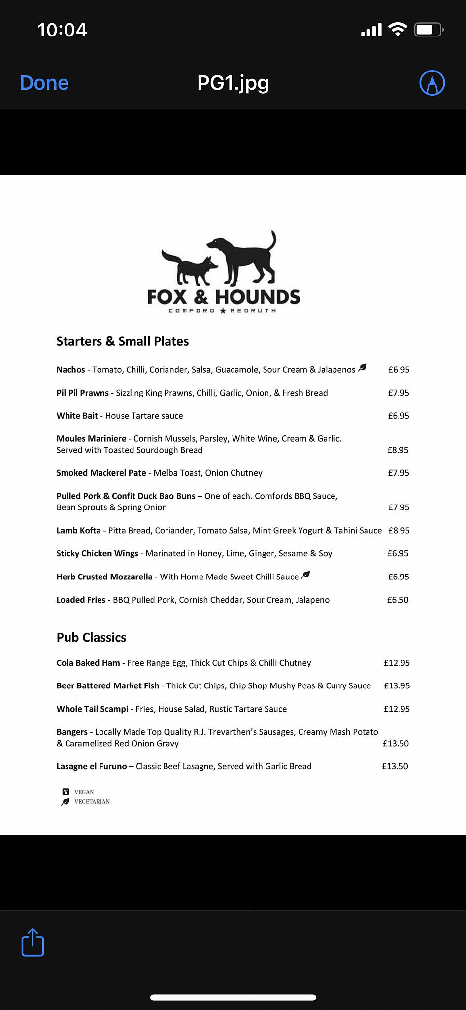 Menu at The Fox & Hounds Comford restaurant, Redruth