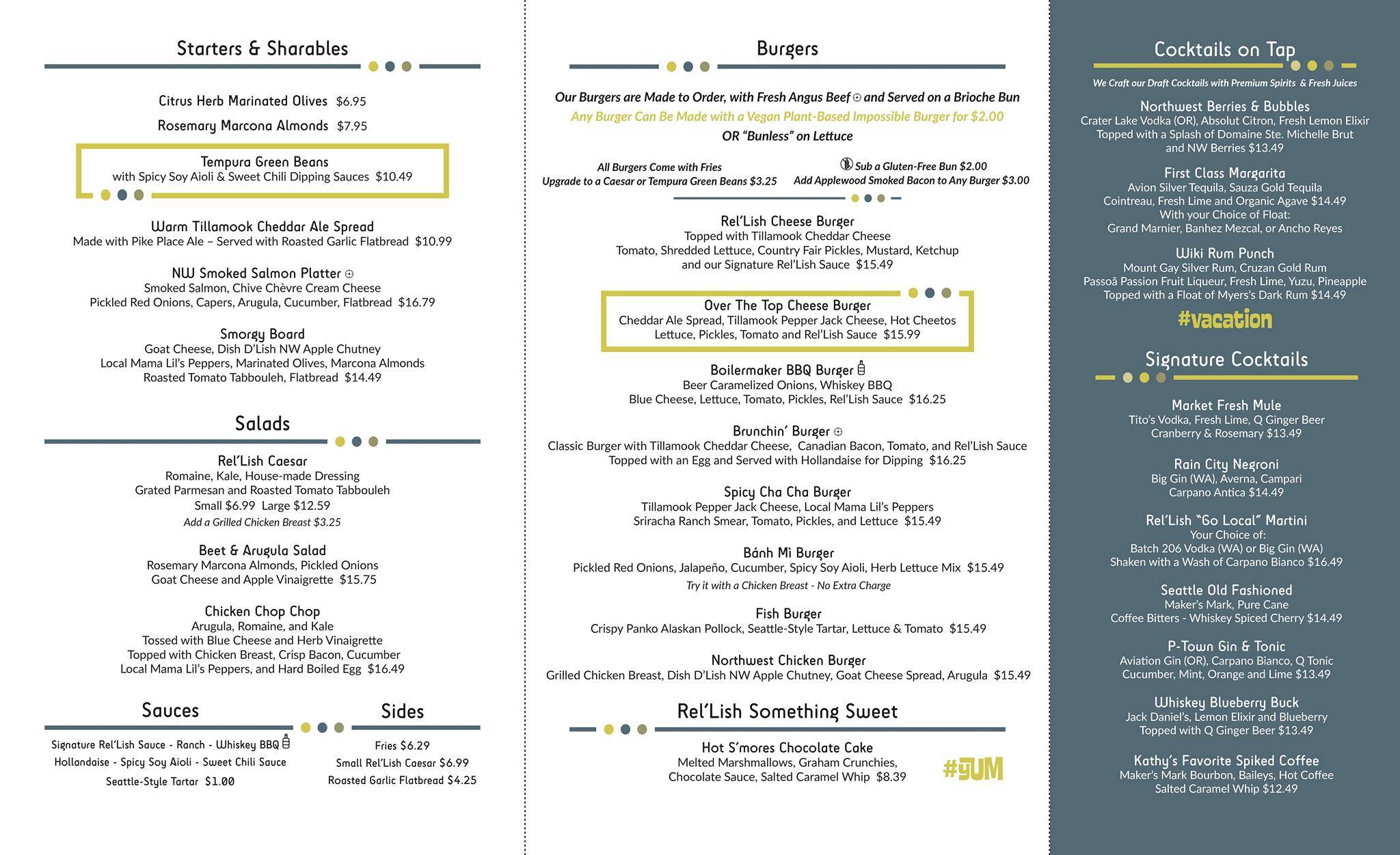 Menu at Rel'Lish Burger Lounge restaurant, SeaTac