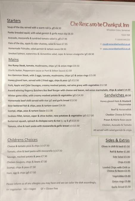 Menu at Rest & Be Thankful Inn pub & bar, Wheddon Cross