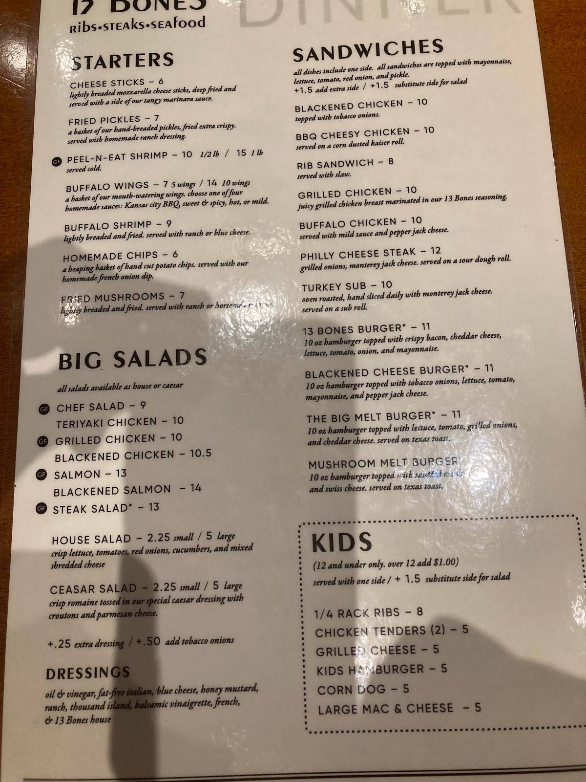 Menu at 13 Bones Restaurant, Mount Airy