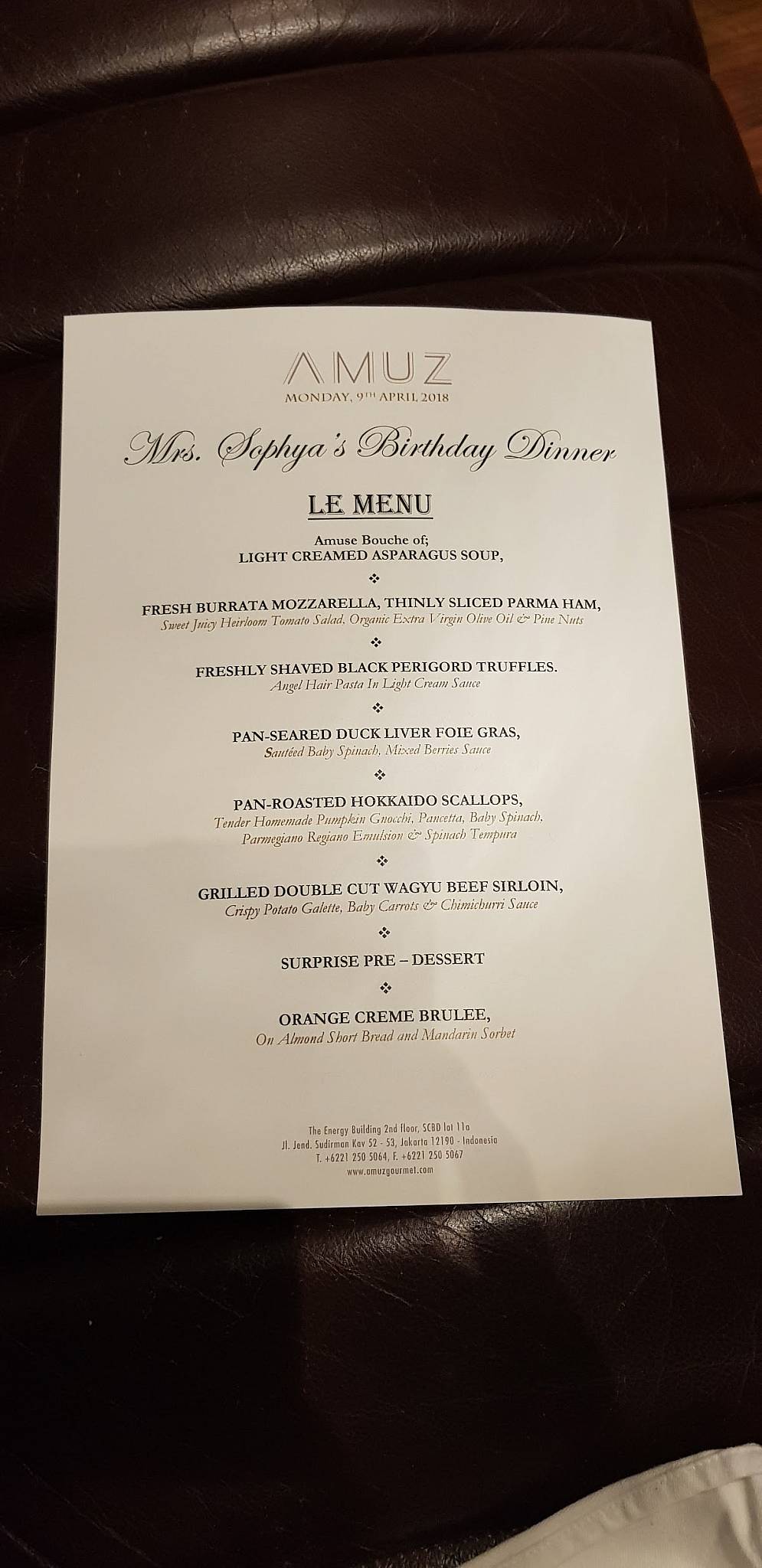 Menu at AMUZ Gourmet Restaurant, Jakarta