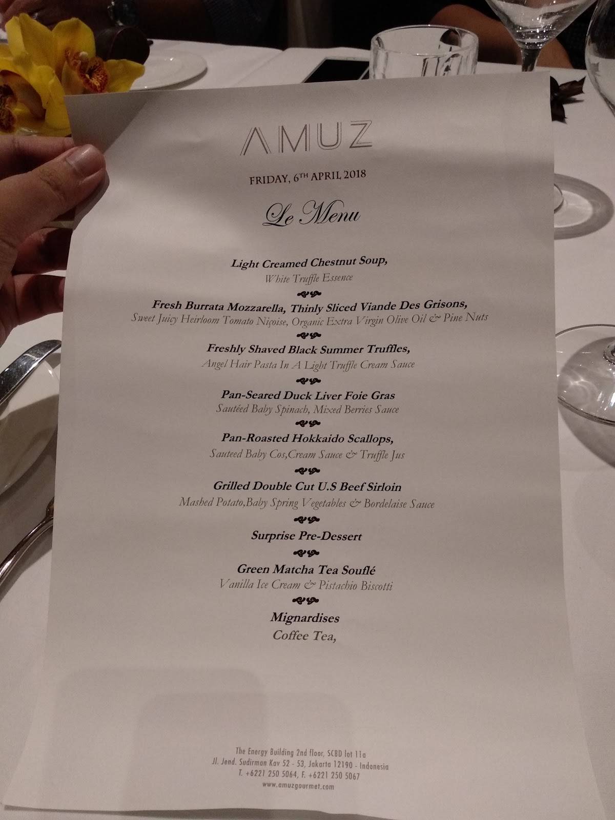 Menu at AMUZ Gourmet Restaurant, Jakarta