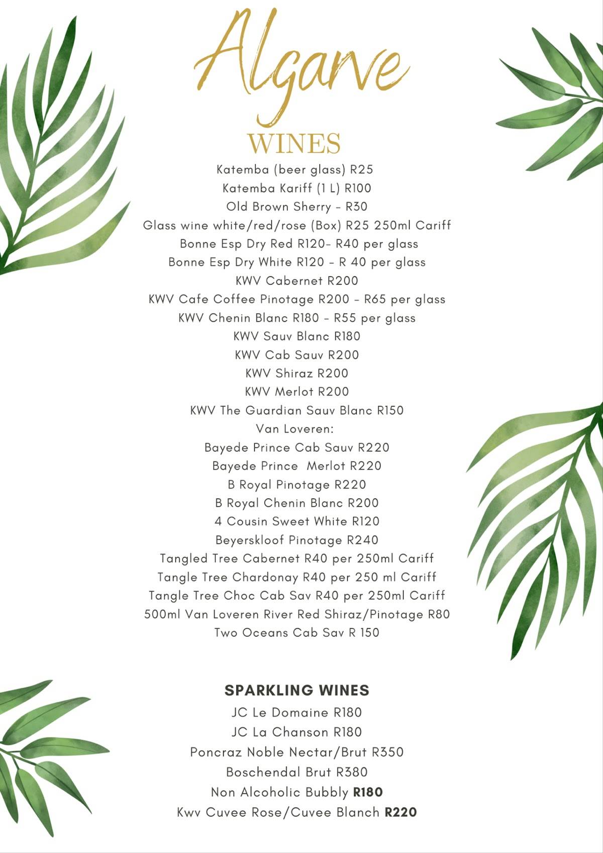Menu at Algarve Restaurant & Bar, Cape Town