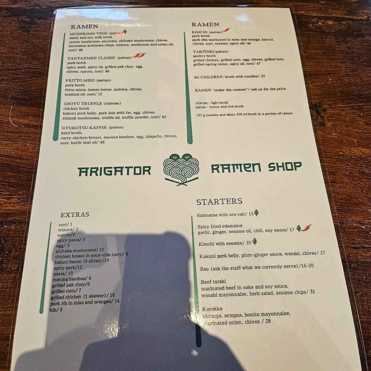 Menu at Arigator Ramen Shop restaurant, Warsaw