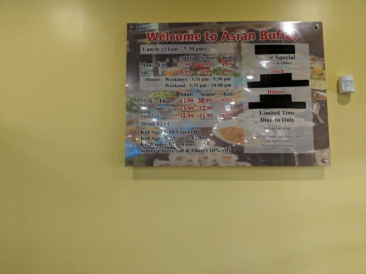 Menu at Asian Buffet (Sushi & Hibachi) restaurant, Rochester