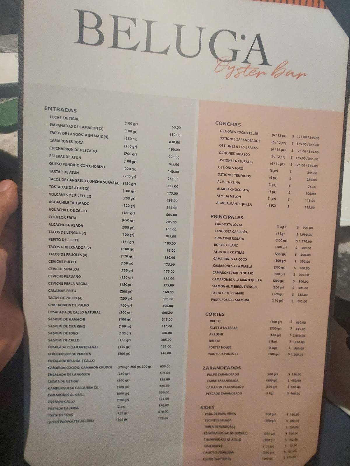 Carta del restaurante Beluga, Guadalajara