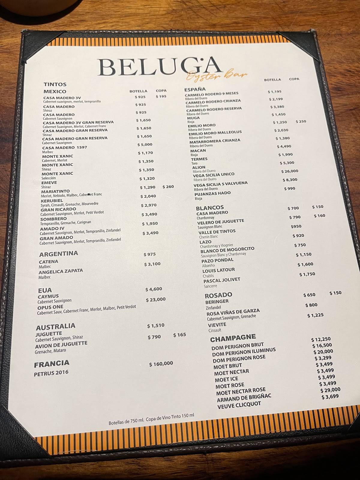 Carta del restaurante Beluga, Guadalajara