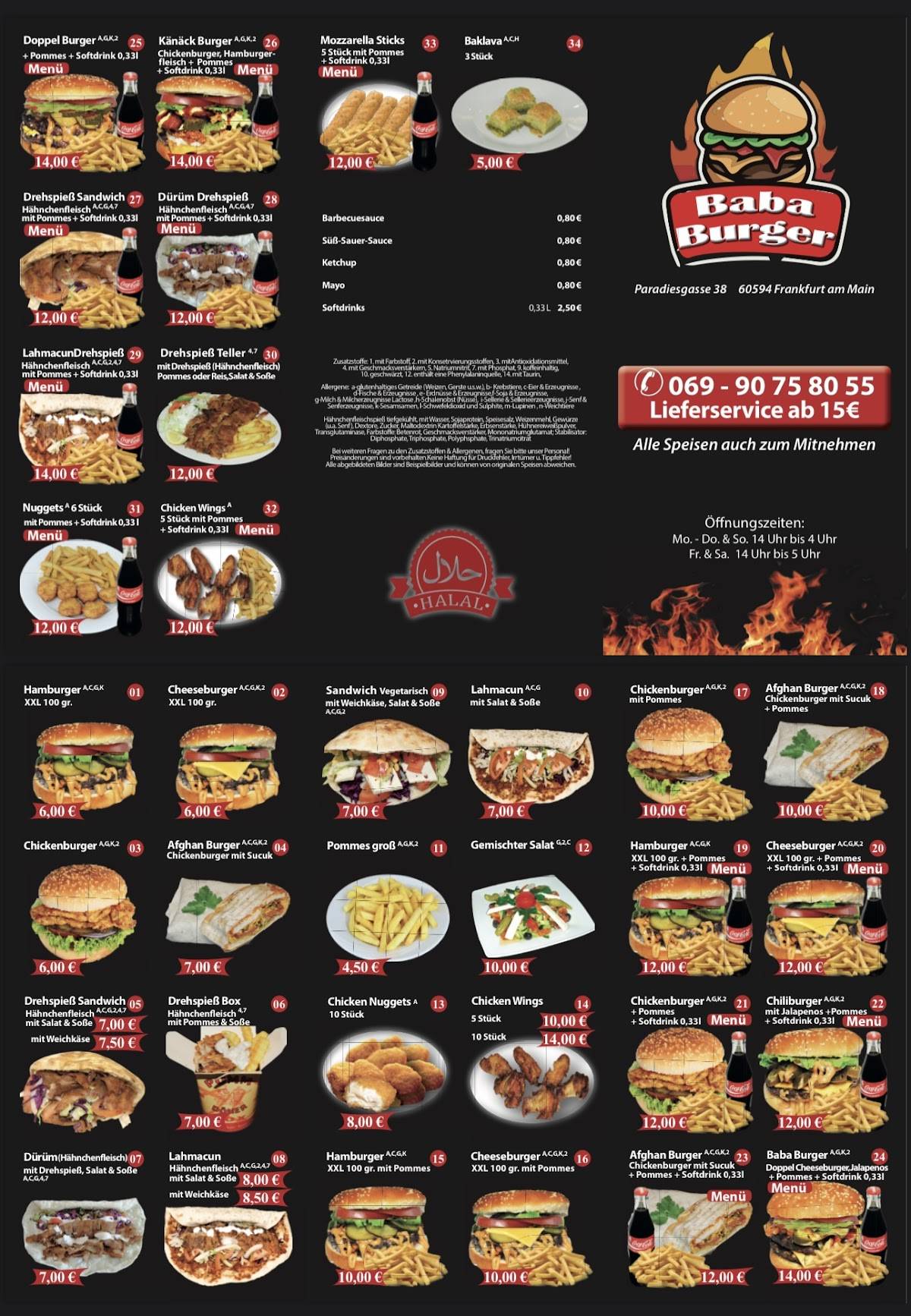 Menu at Baba Burger restaurant, Frankfurt