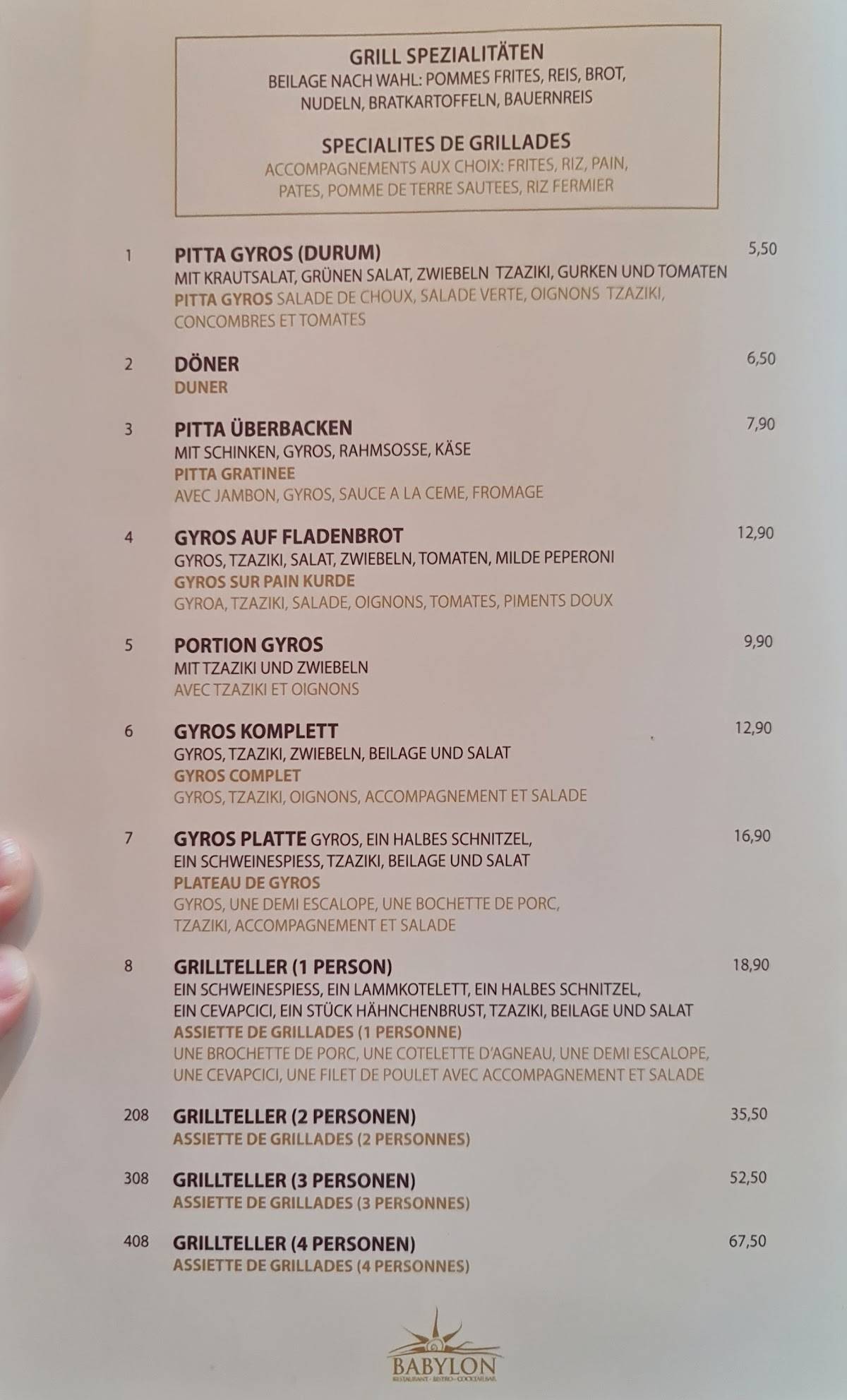 Menu at Babylon Restaurant, Kelmis
