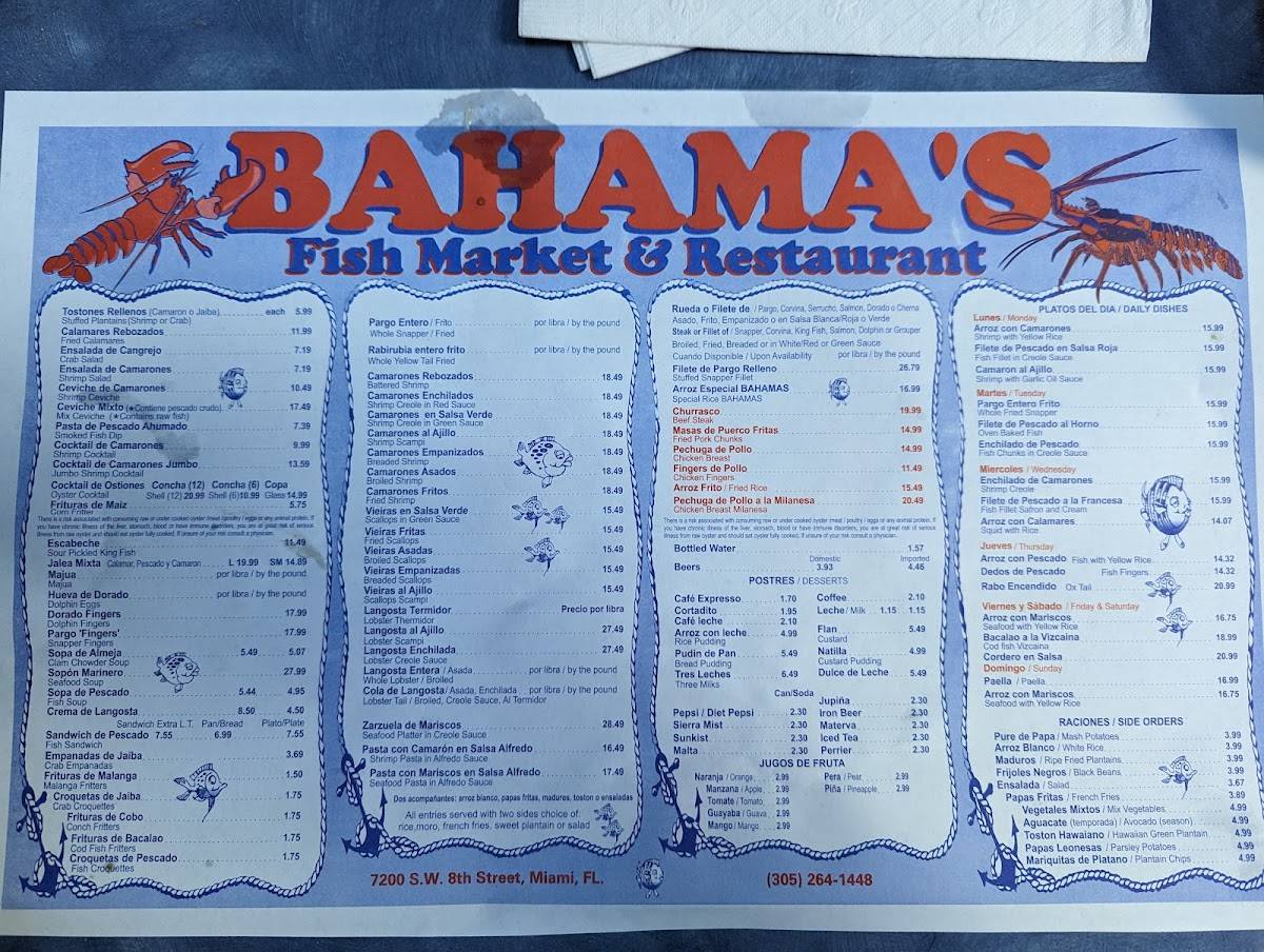 Menu at Bahamas Fish Market & Restaurant, Miami