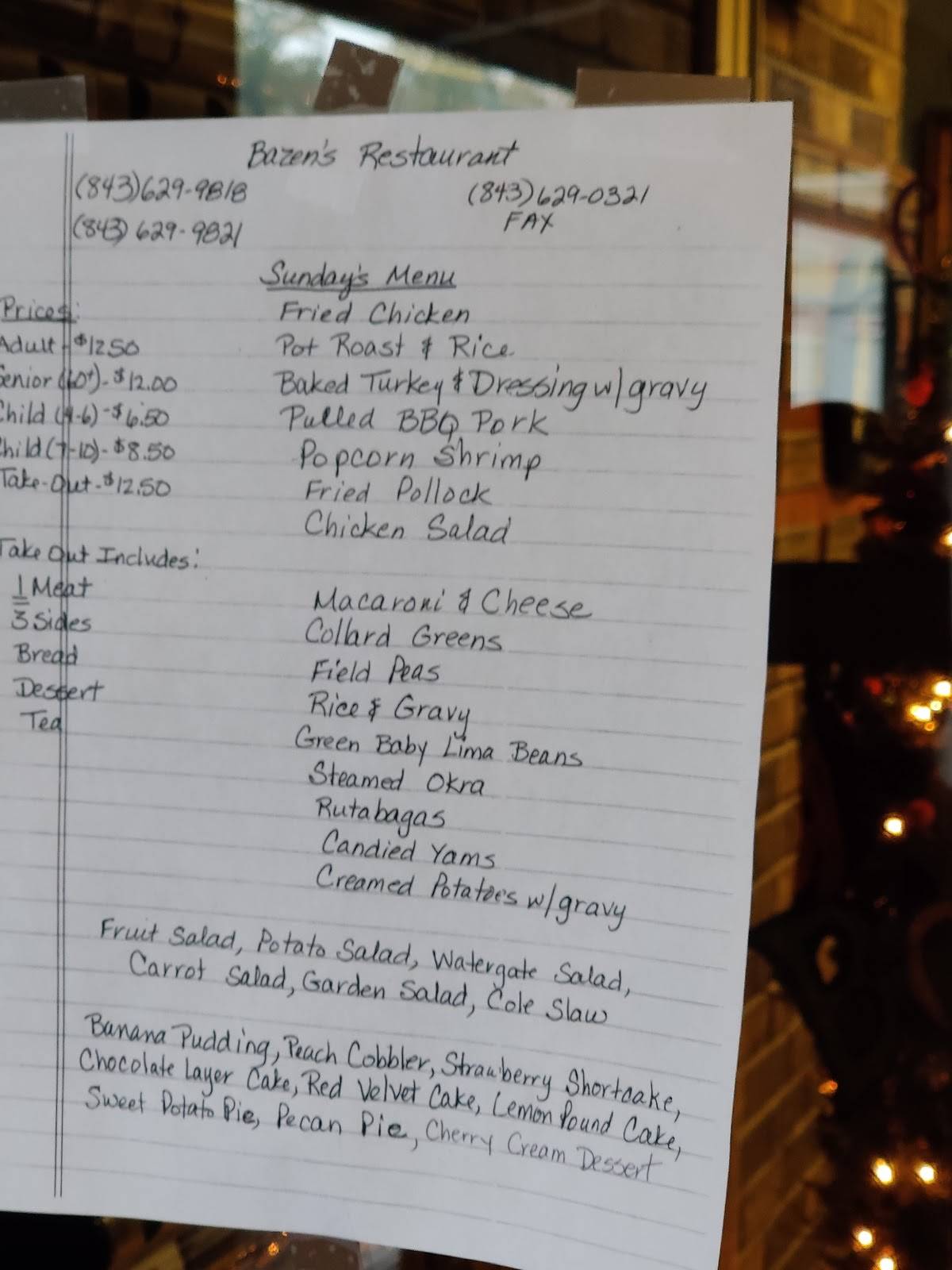 Menu at Bazens Florence restaurant, Florence