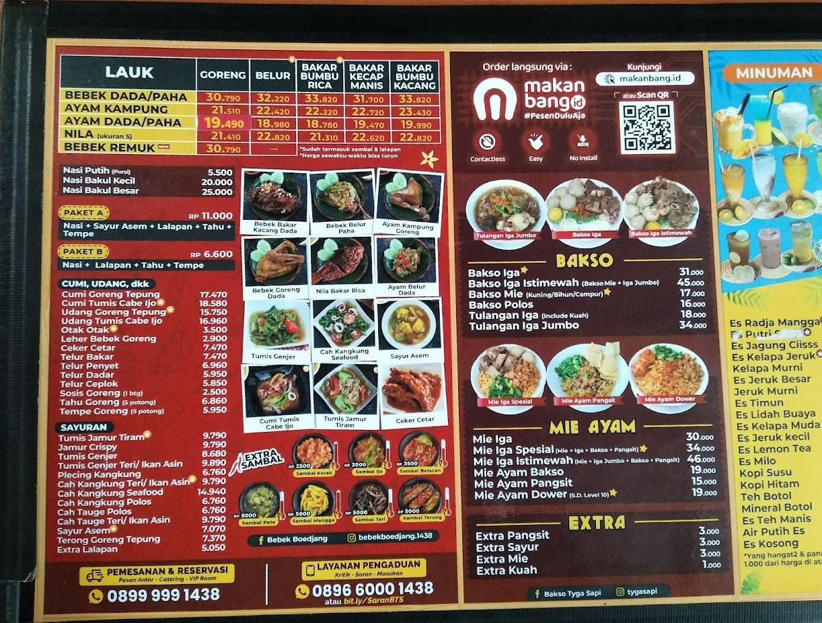 Carta del restaurante Bebek Boedjang Merdeka, Pontianak