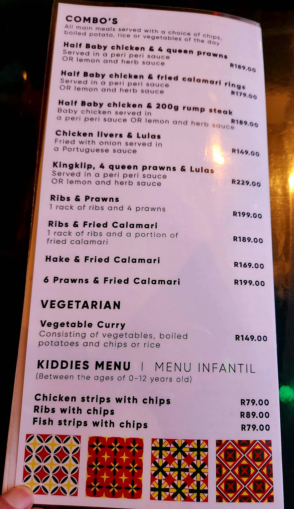 Menu at Beira Mar Portuguese Restaurant, Cape Town