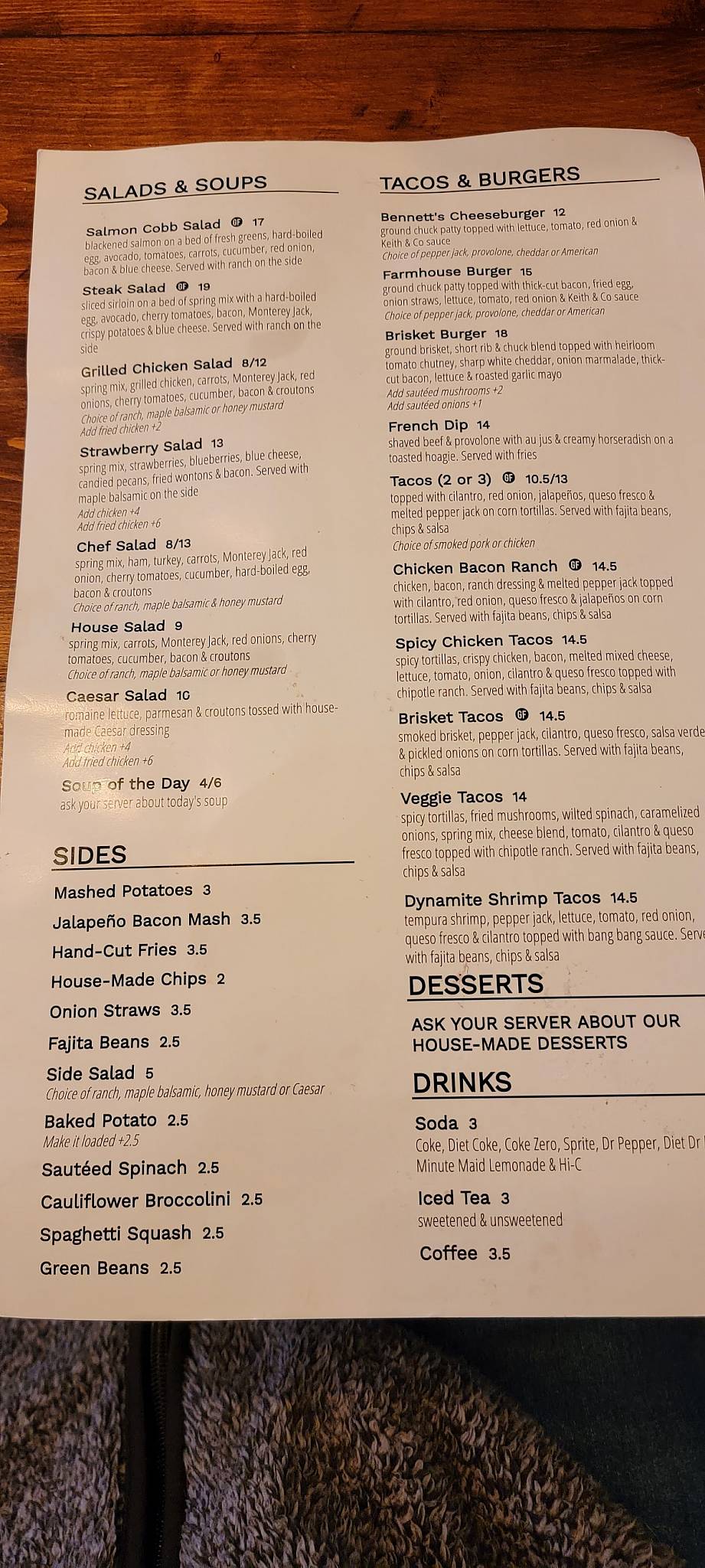 Menu at Bennett’s Casual Dining restaurant, Sherwood