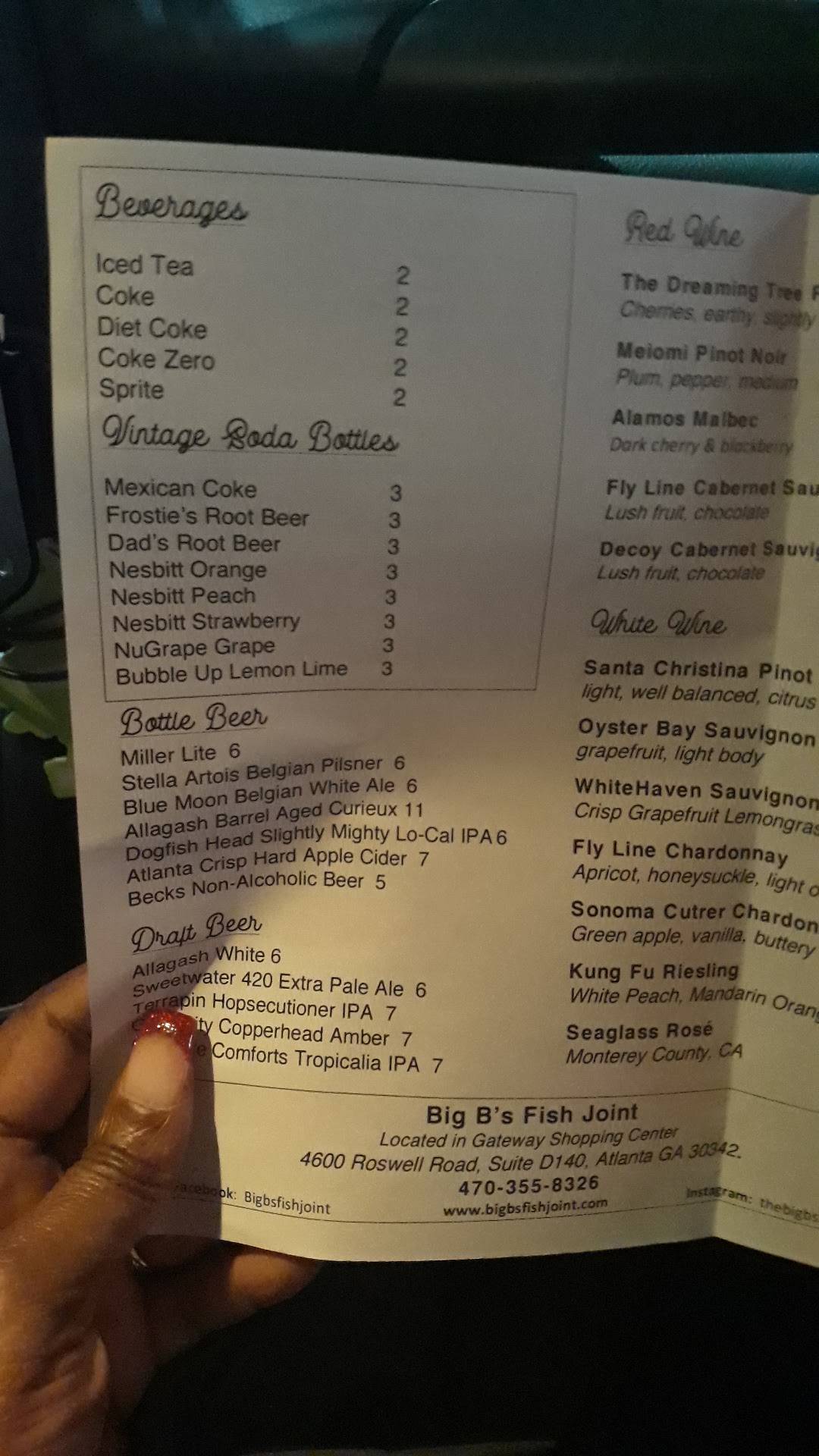 Menu at Big B's Fish Joint restaurant, Atlanta