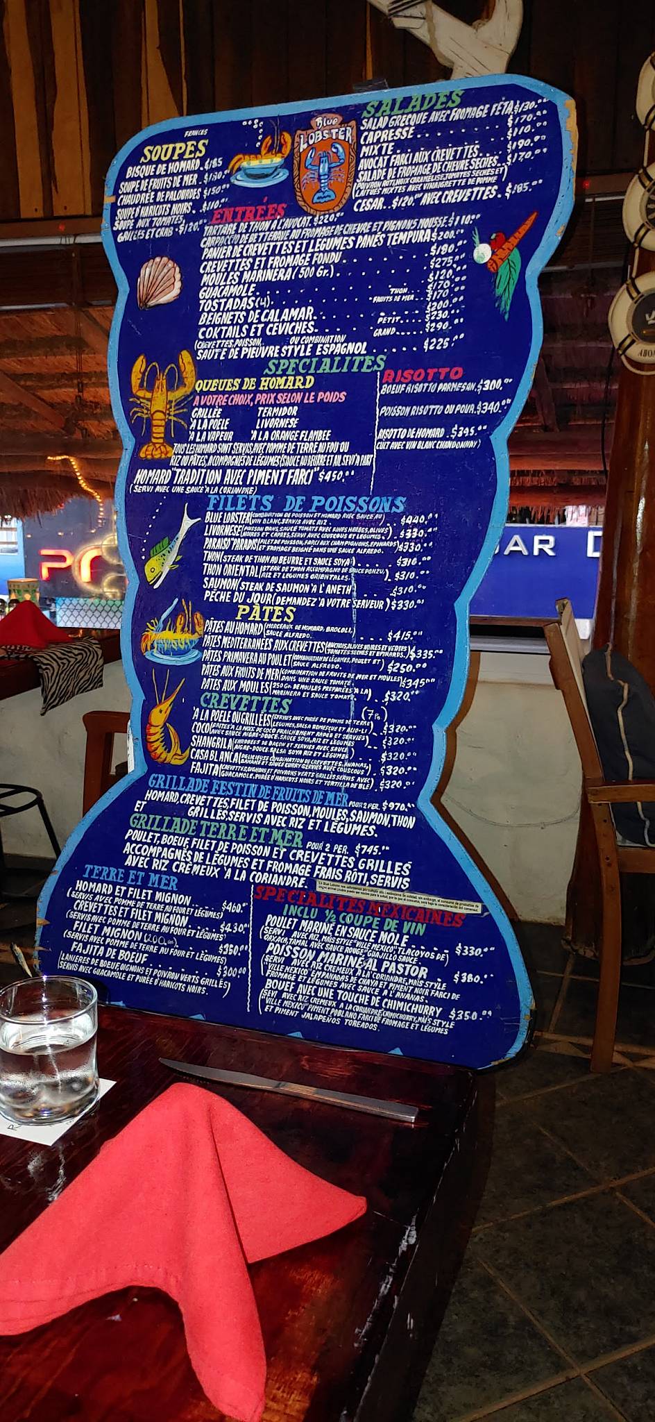 Menu at Blue Lobster restaurant, Playa del Carmen