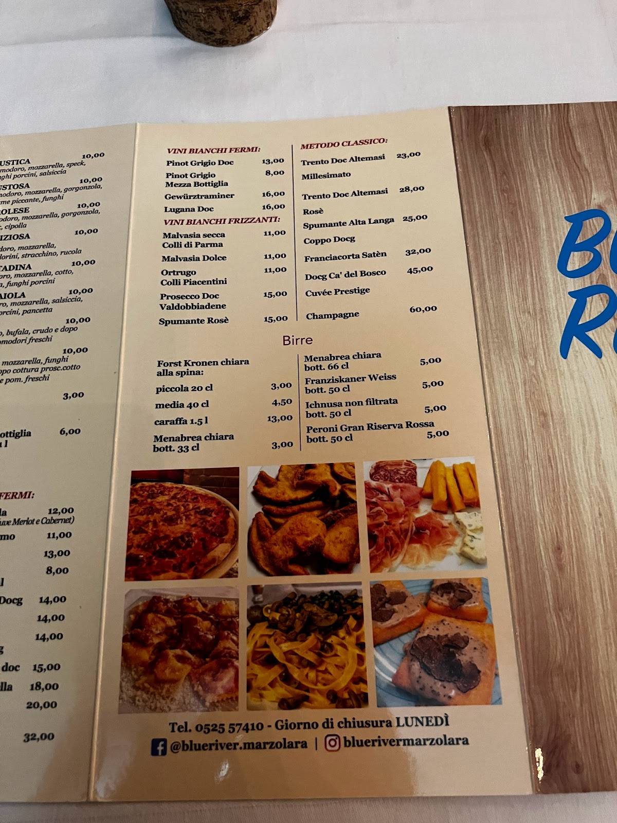 Menu da Blue River ristorante, Marzolara