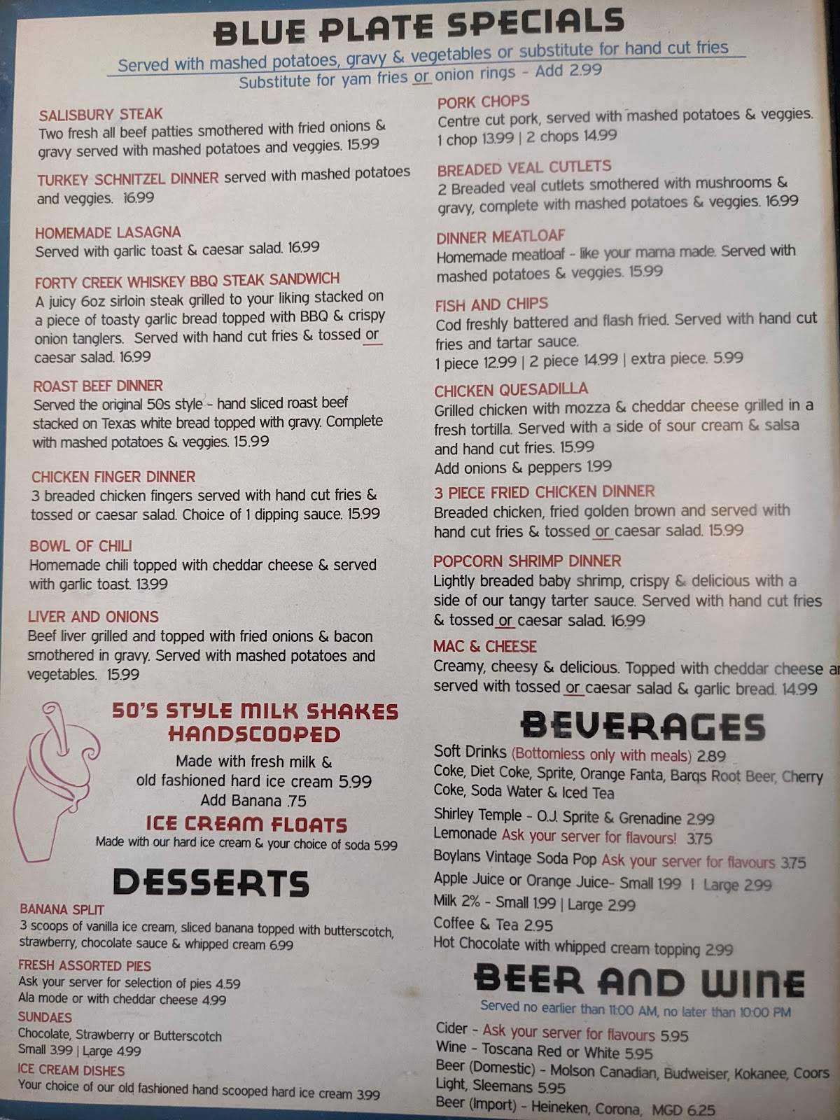 Menu at Bobby Sox 50's Diner restaurant, Maple Ridge