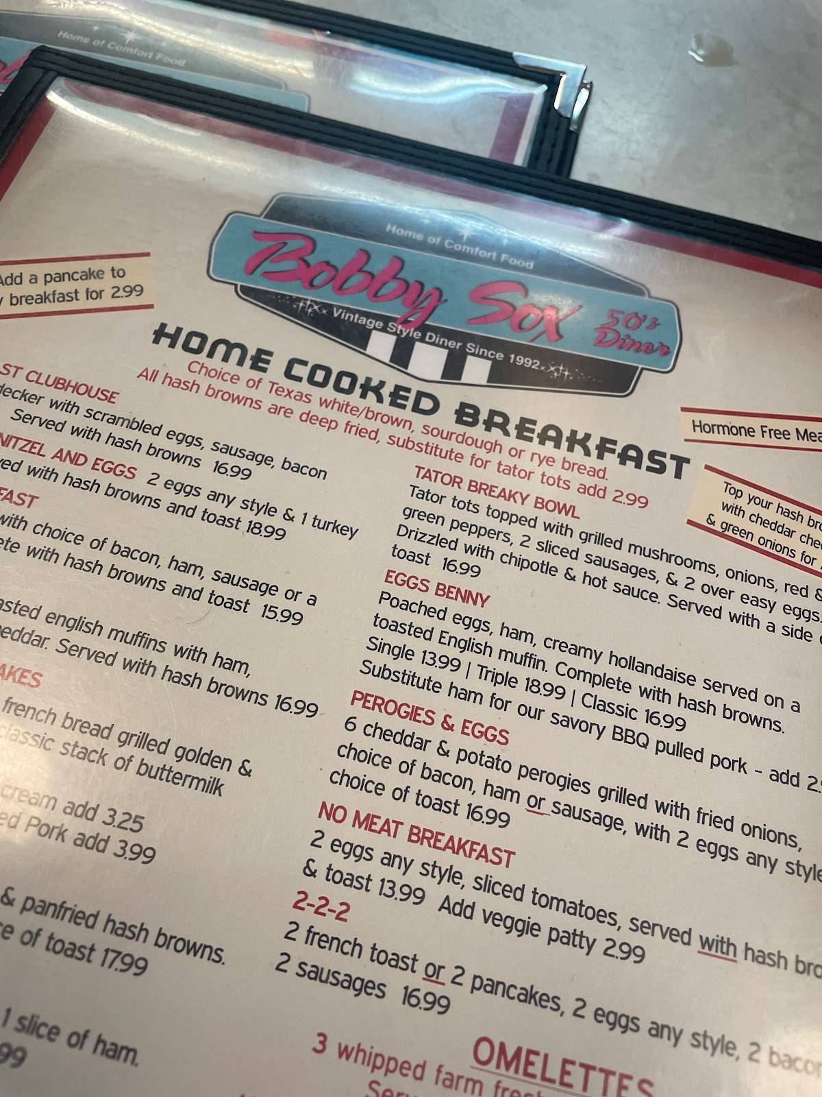 Menu at Bobby Sox 50's Diner restaurant, Maple Ridge