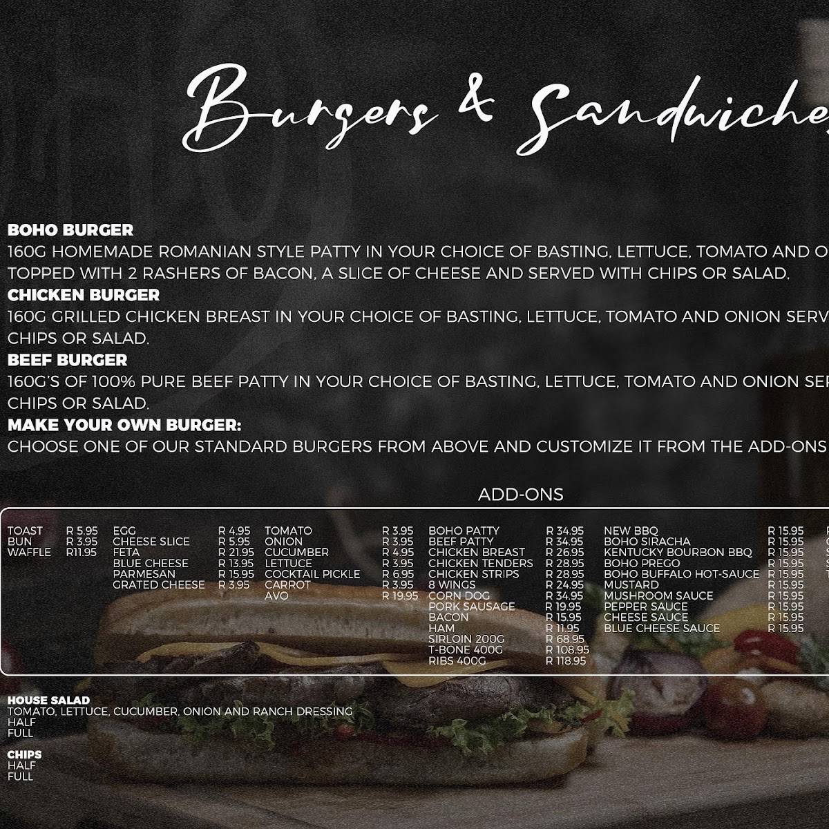 Menu at Boho Bistro restaurant, Bloemfontein