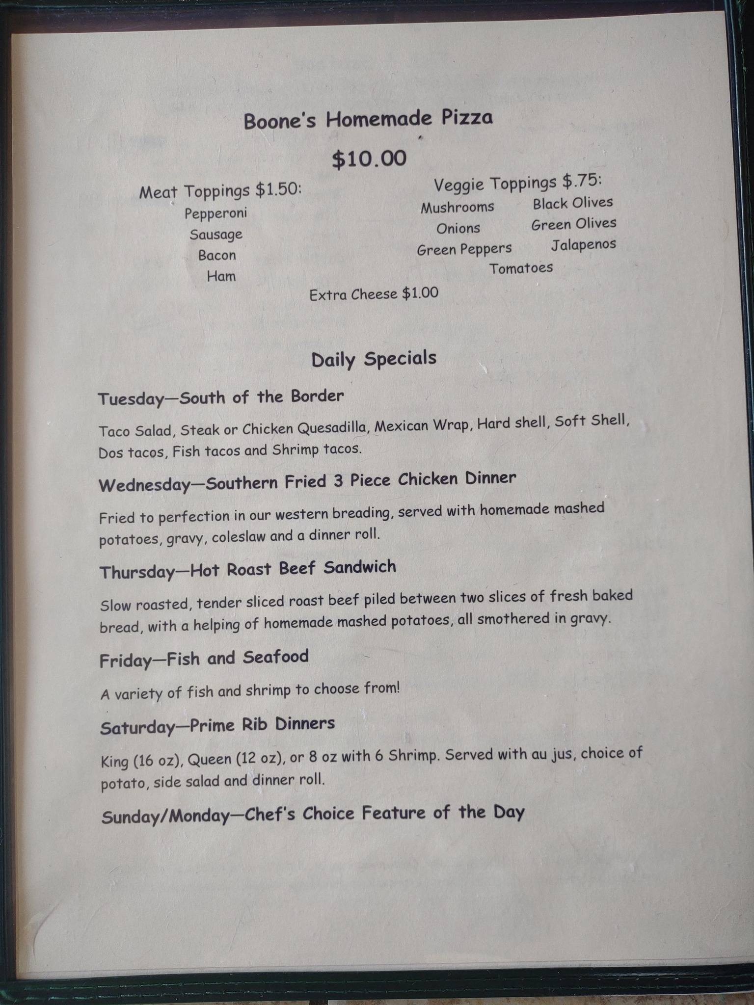 Menu at Boone's Saloon restaurant, Wisconsin Rapids