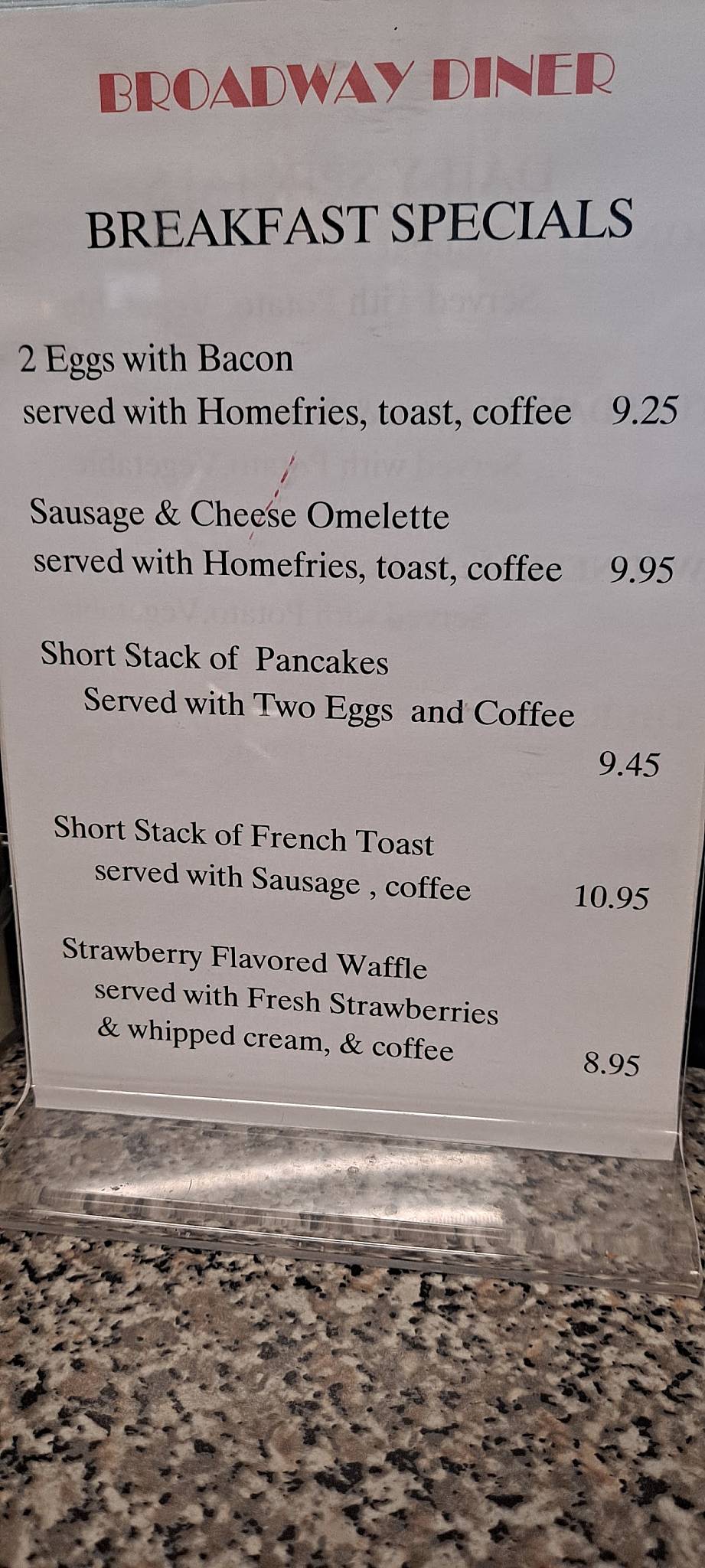 Menu at Broadway Diner restaurant, Endwell