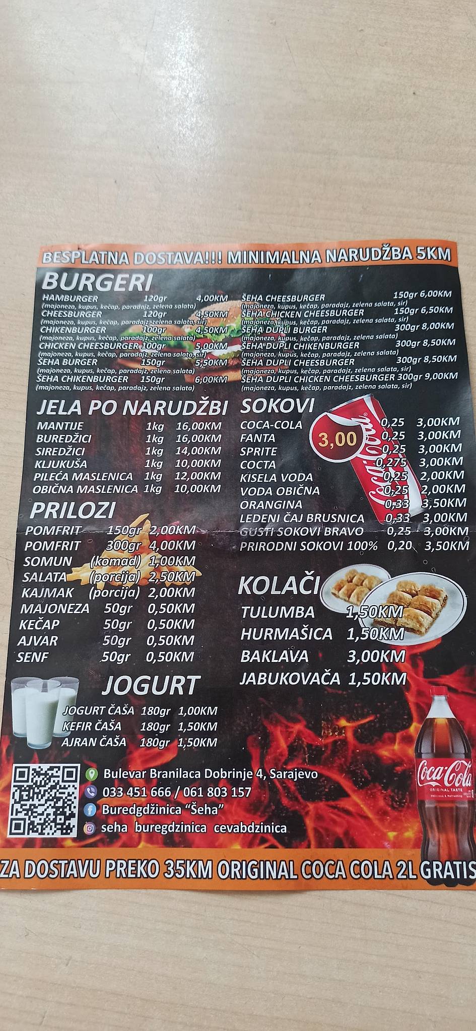 Menu at Buregdžinica/Ćevabdžinica "Šeha" restaurant, Sarajevo